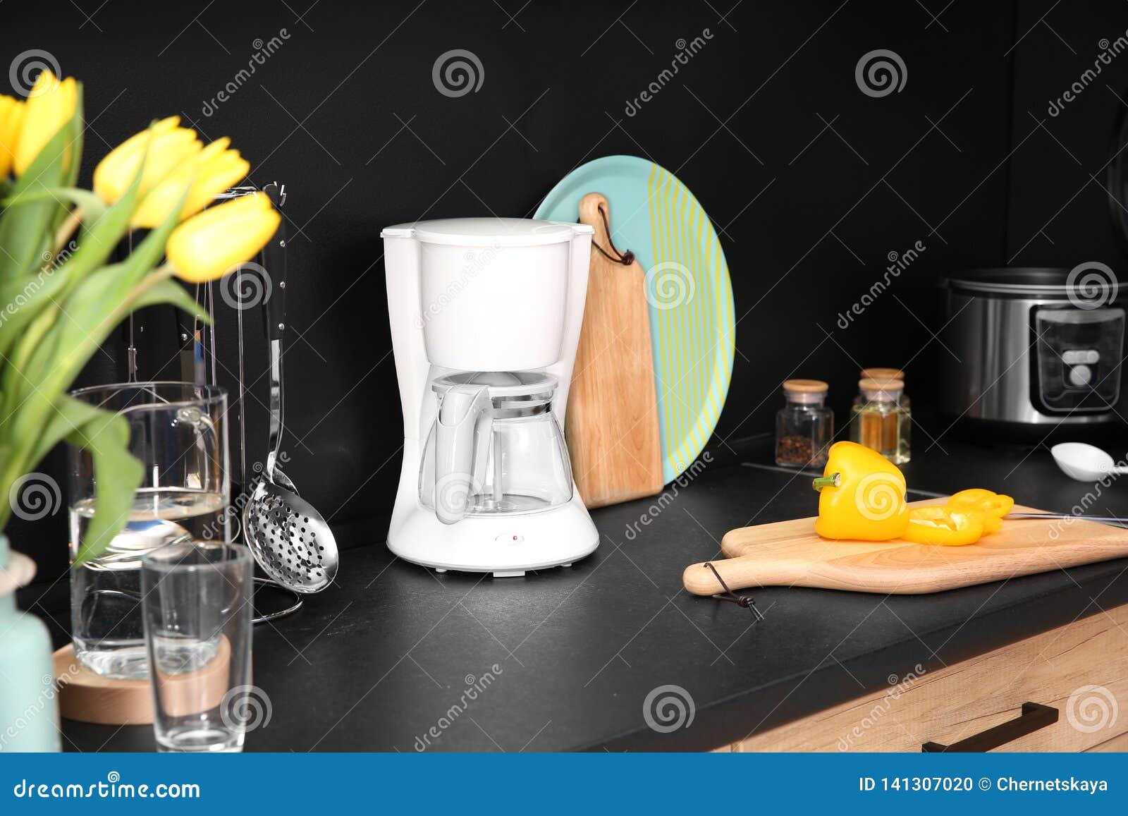 Stylish Kitchen Counter with Houseware Stock Photo - Image of furniture ...