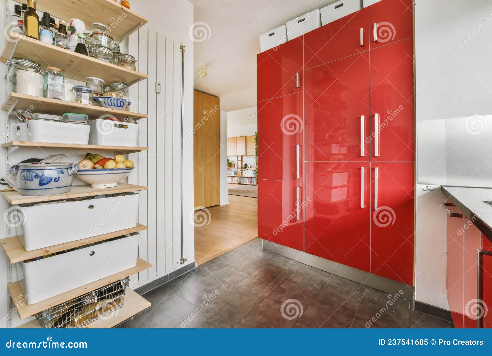 Kitchen Design with Bright Red Kitchen Set Stock Image - Image of table ...
