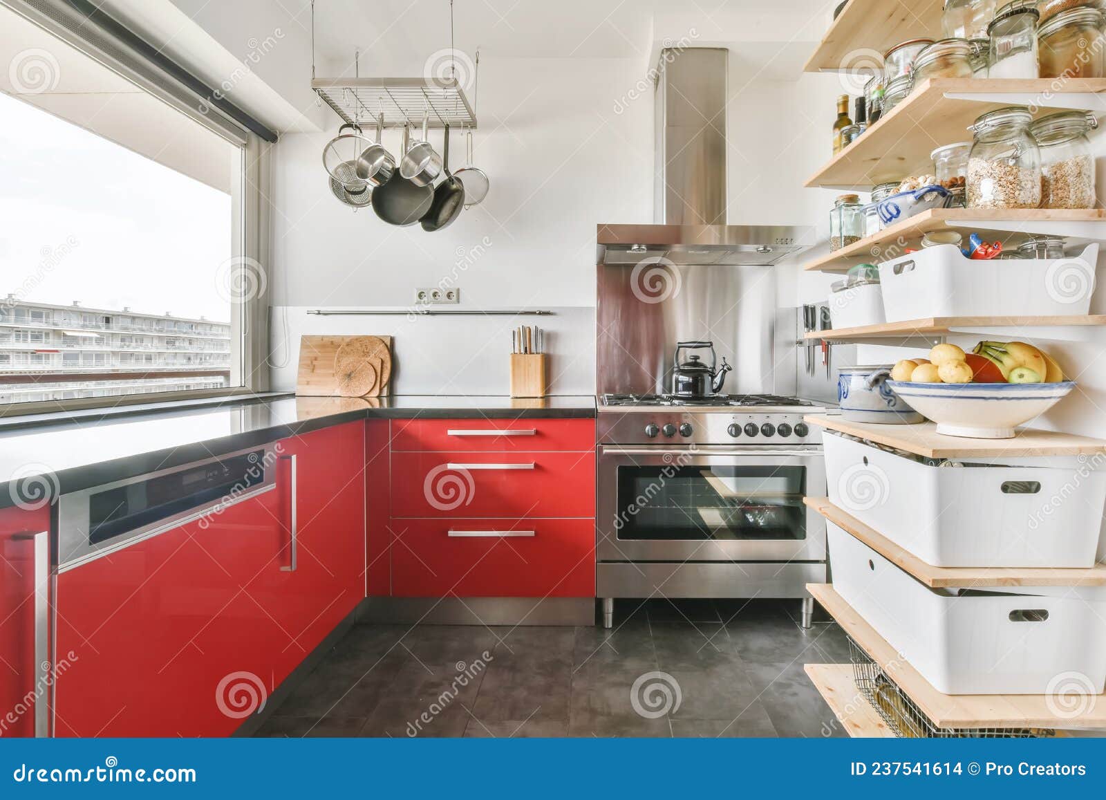 Kitchen Design with Bright Red Kitchen Set Stock Photo - Image of ...