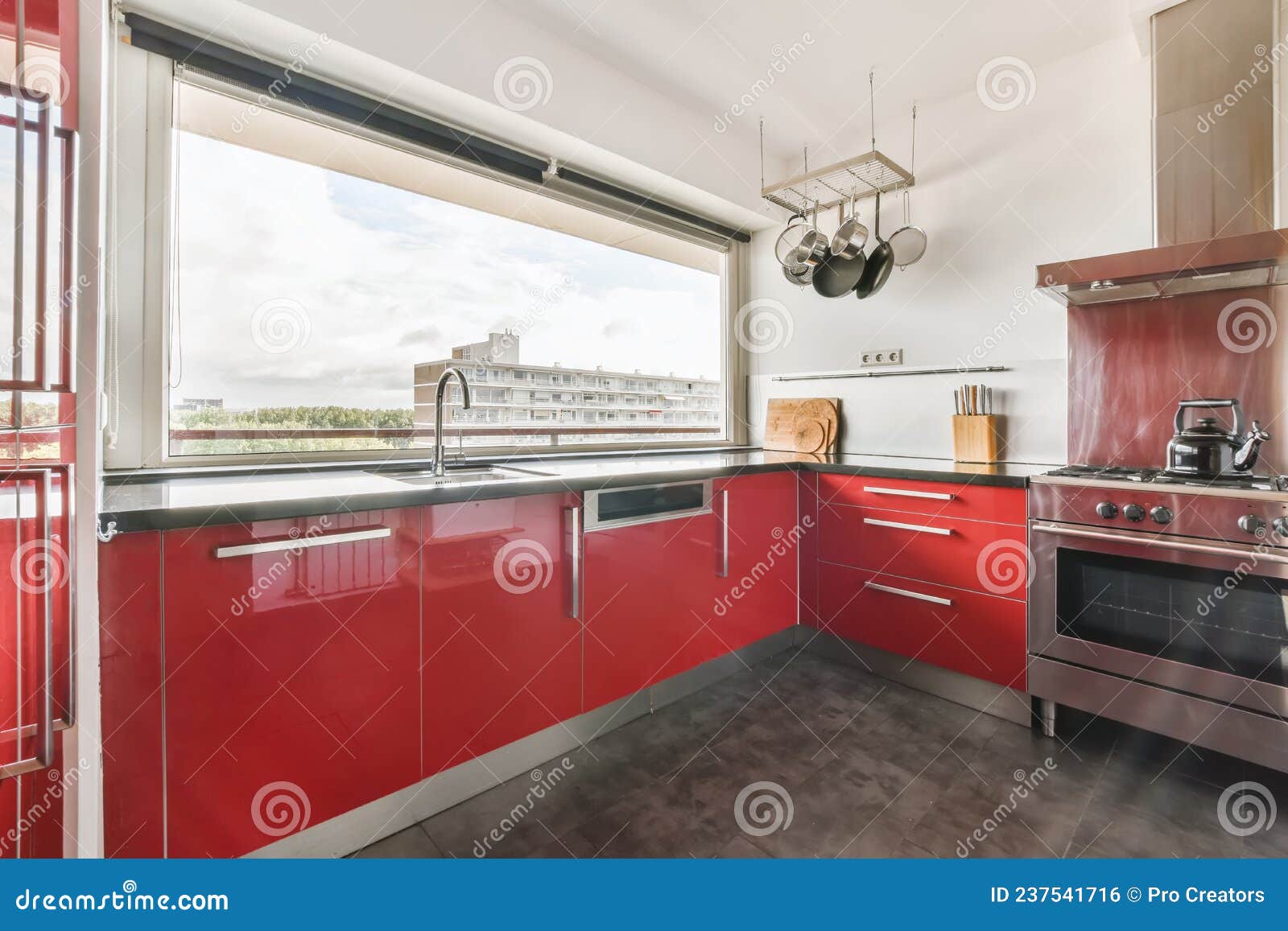 Kitchen Design with Bright Red Kitchen Set Stock Photo - Image of home ...