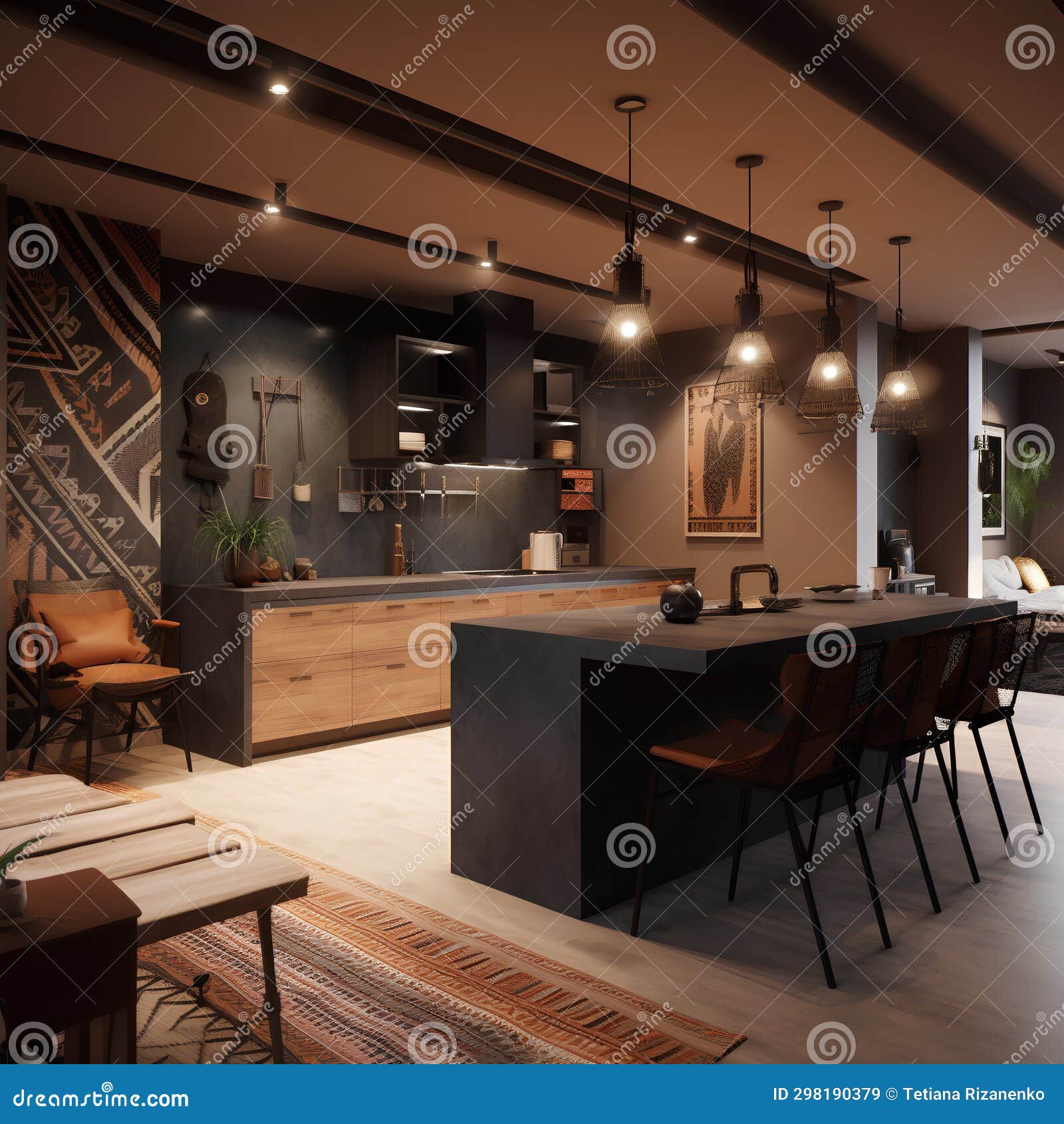 Stylish Kitchen Interior in African Style in Luxury House Stock ...