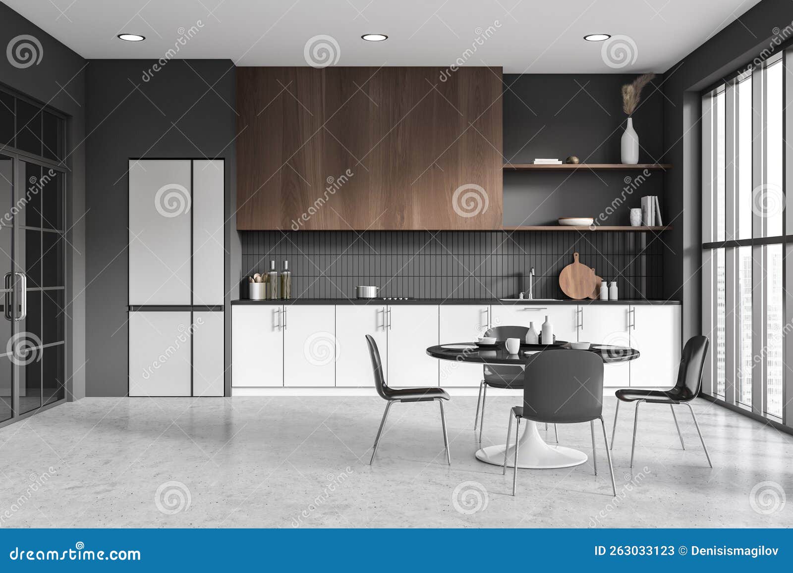 Stylish Kitchen Interior with Eating and Cooking Zone with Panoramic ...