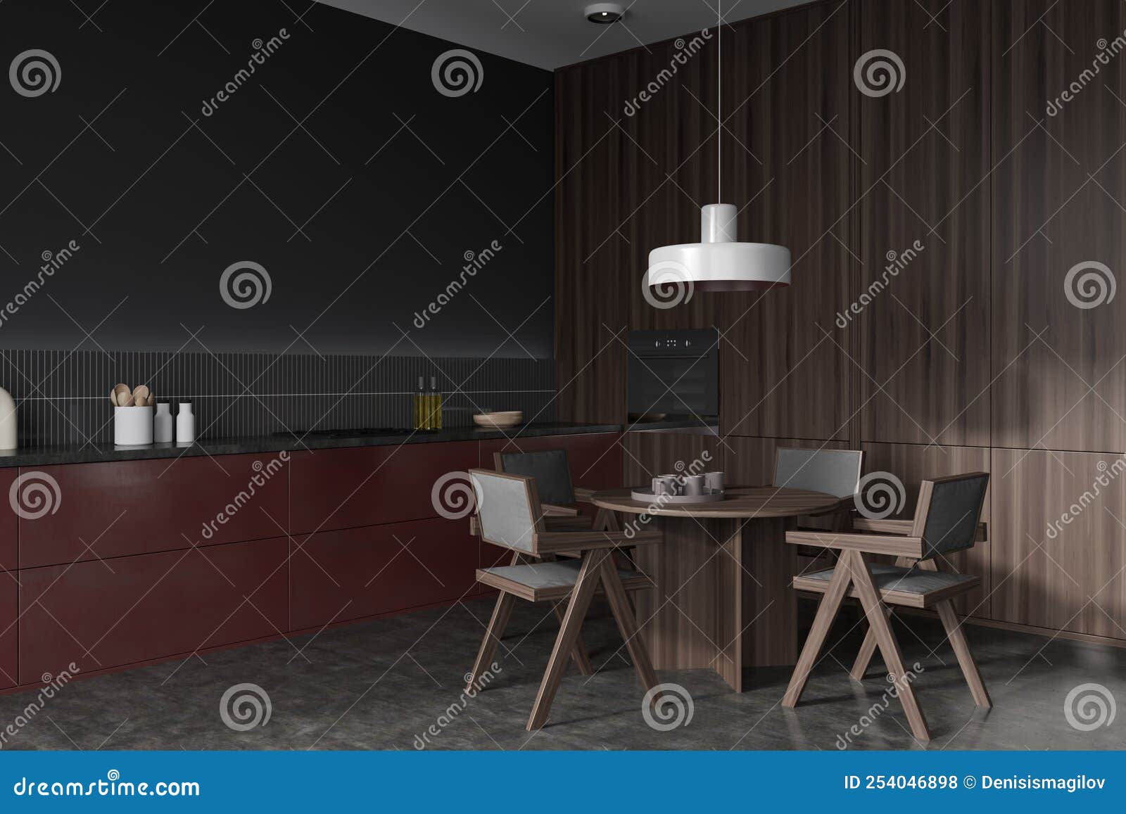 Stylish Kitchen Interior with Eating Corner with Table and Kitchenware Stock Illustration ...