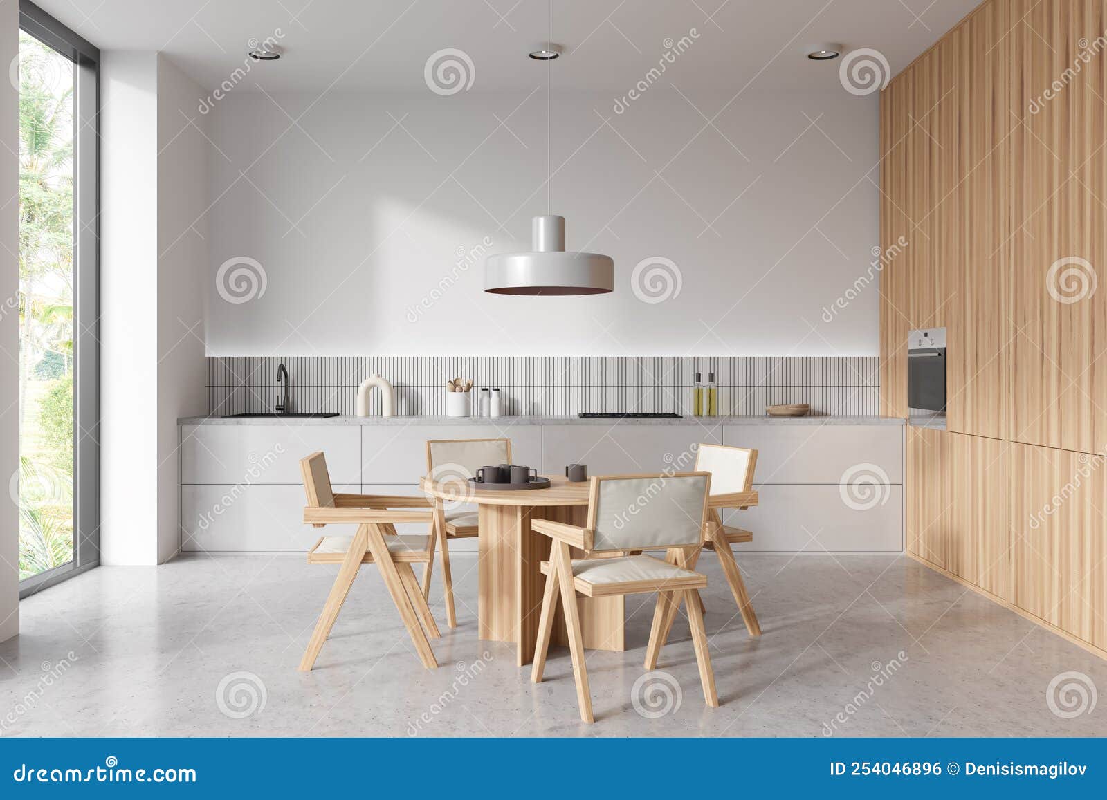 Stylish Kitchen Interior with Eating Table and Seats, Panoramic Window ...