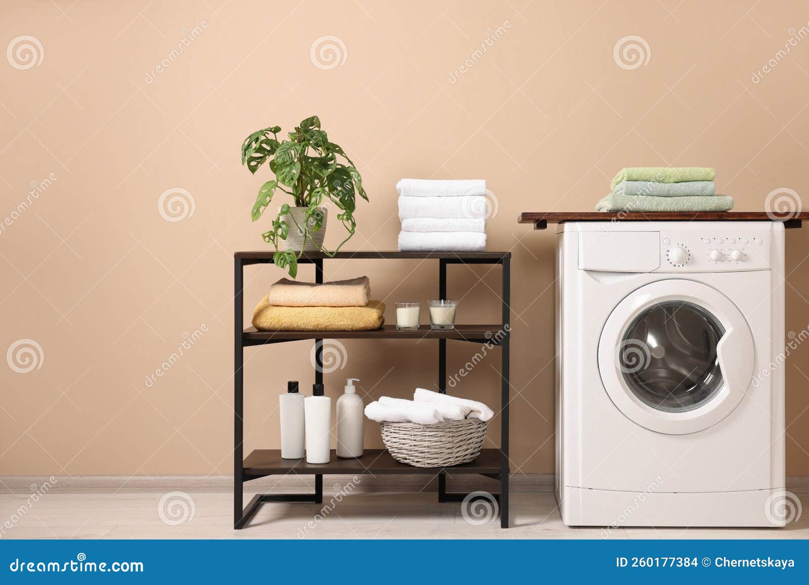 Stylish Laundry Room with Modern Washing Machine. Interior Design Stock ...