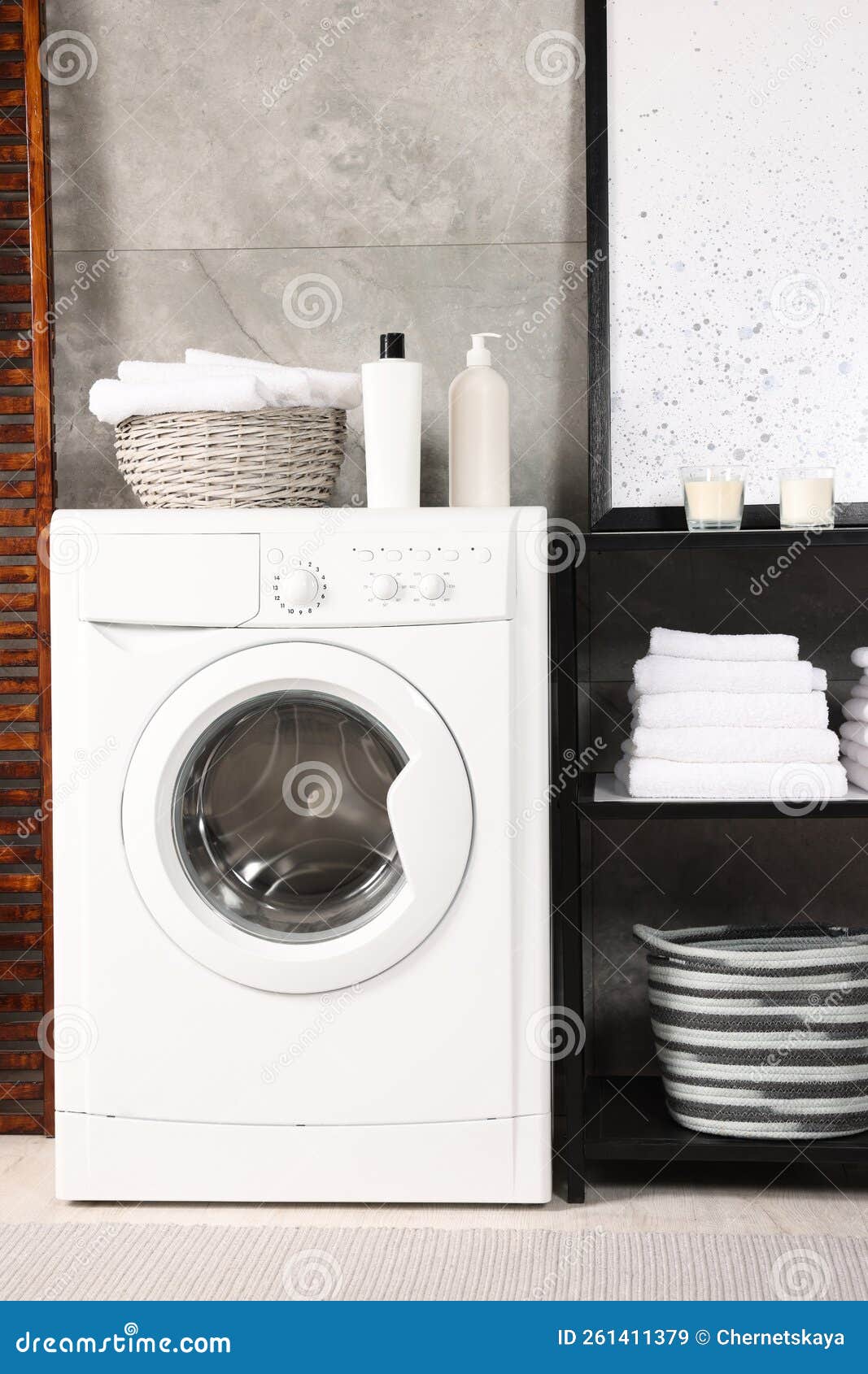 Stylish Laundry Room with Modern Washing Machine. Interior Design Stock ...