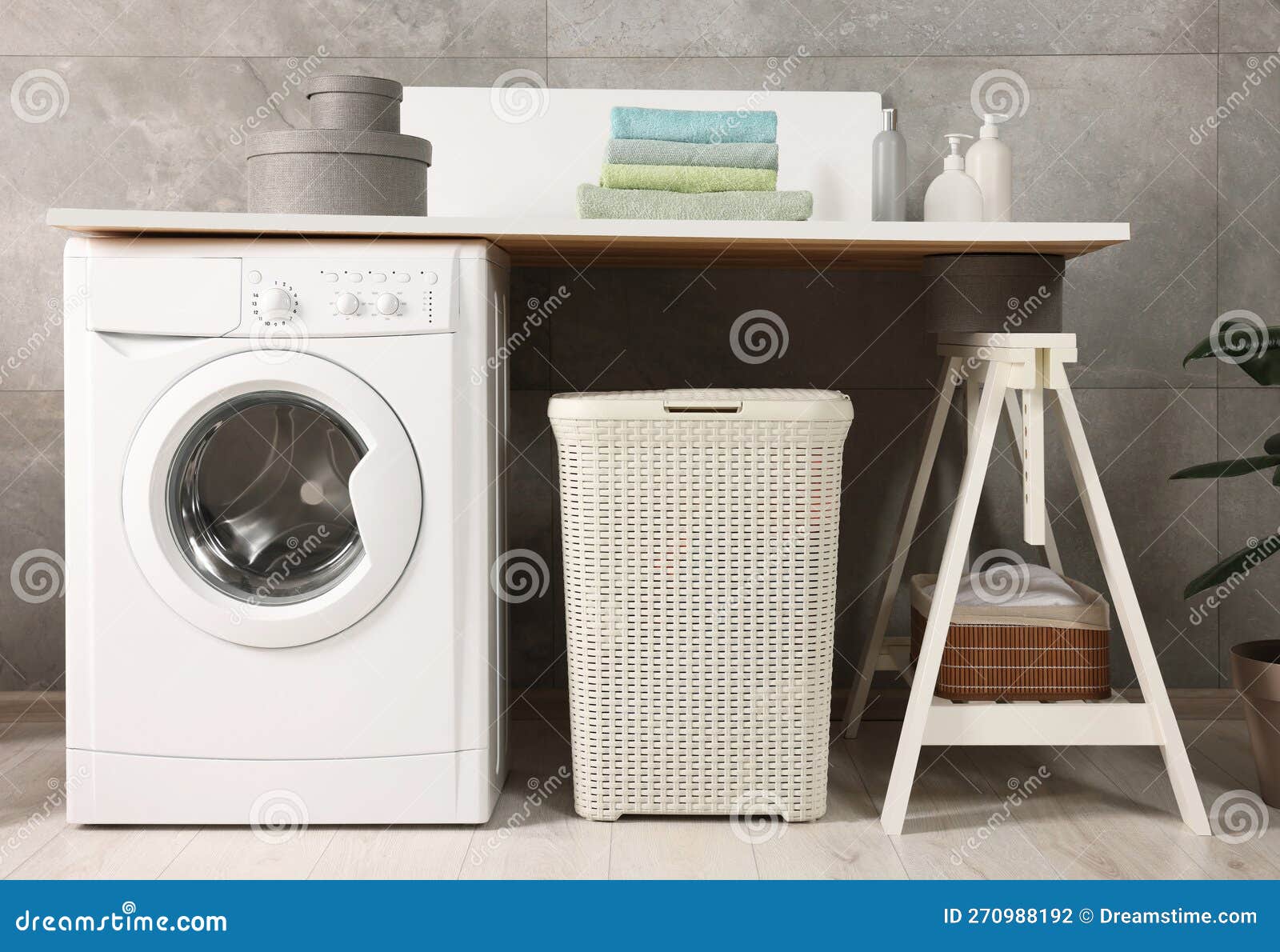 Stylish Laundry Room with Modern Washing Machine. Interior Design Stock ...