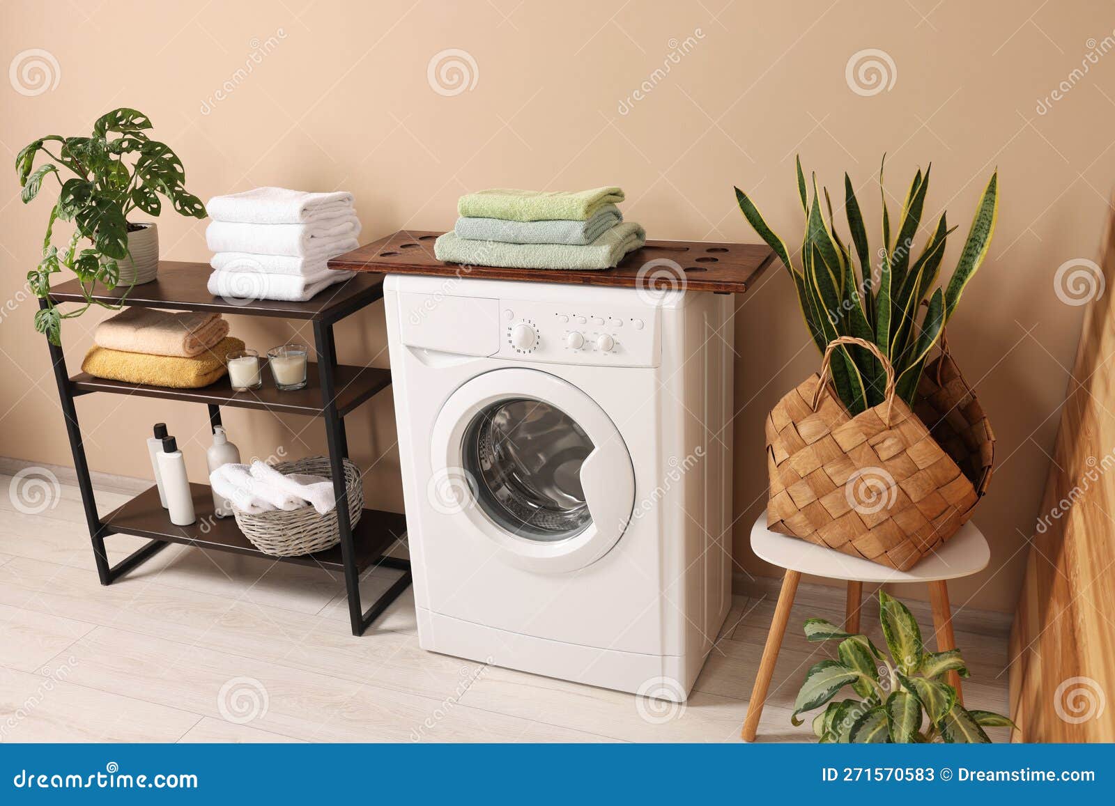 Stylish Laundry Room with Modern Washing Machine. Interior Design Stock ...