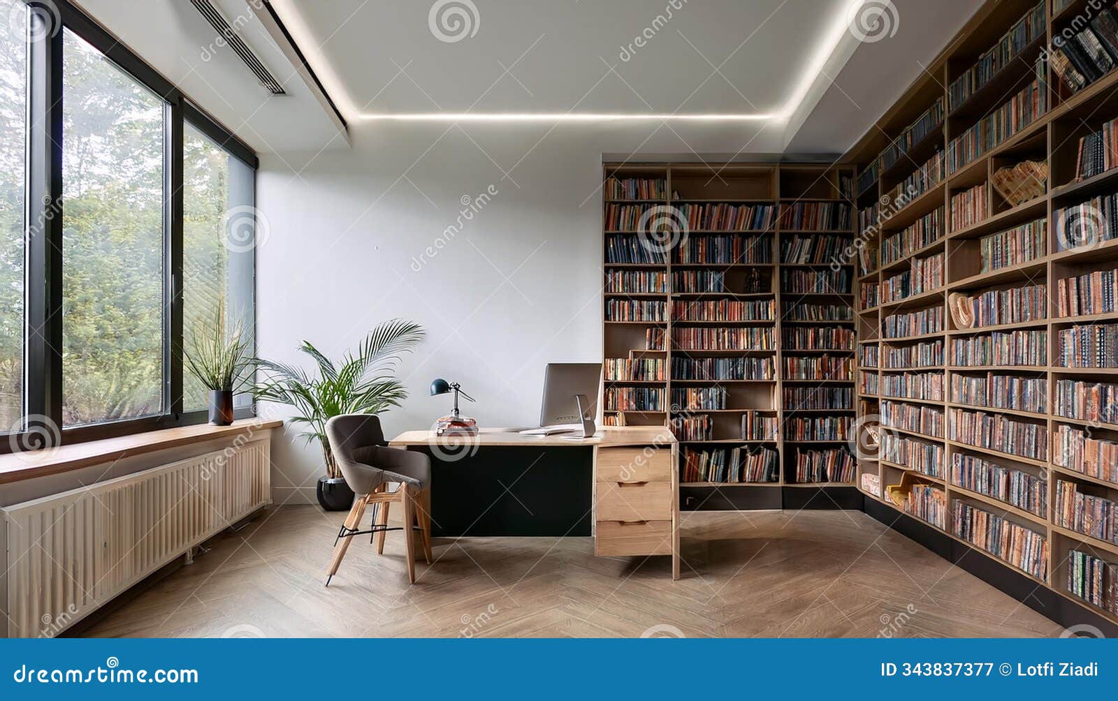 Stylish Library Interior With Work Tables In Row And Bookshelf ...