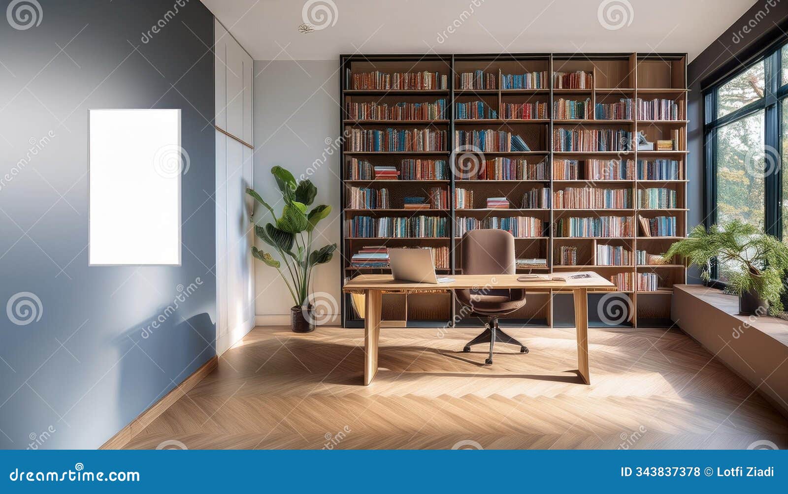 Stylish Library Interior With Work Tables In Row And Bookshelf ...