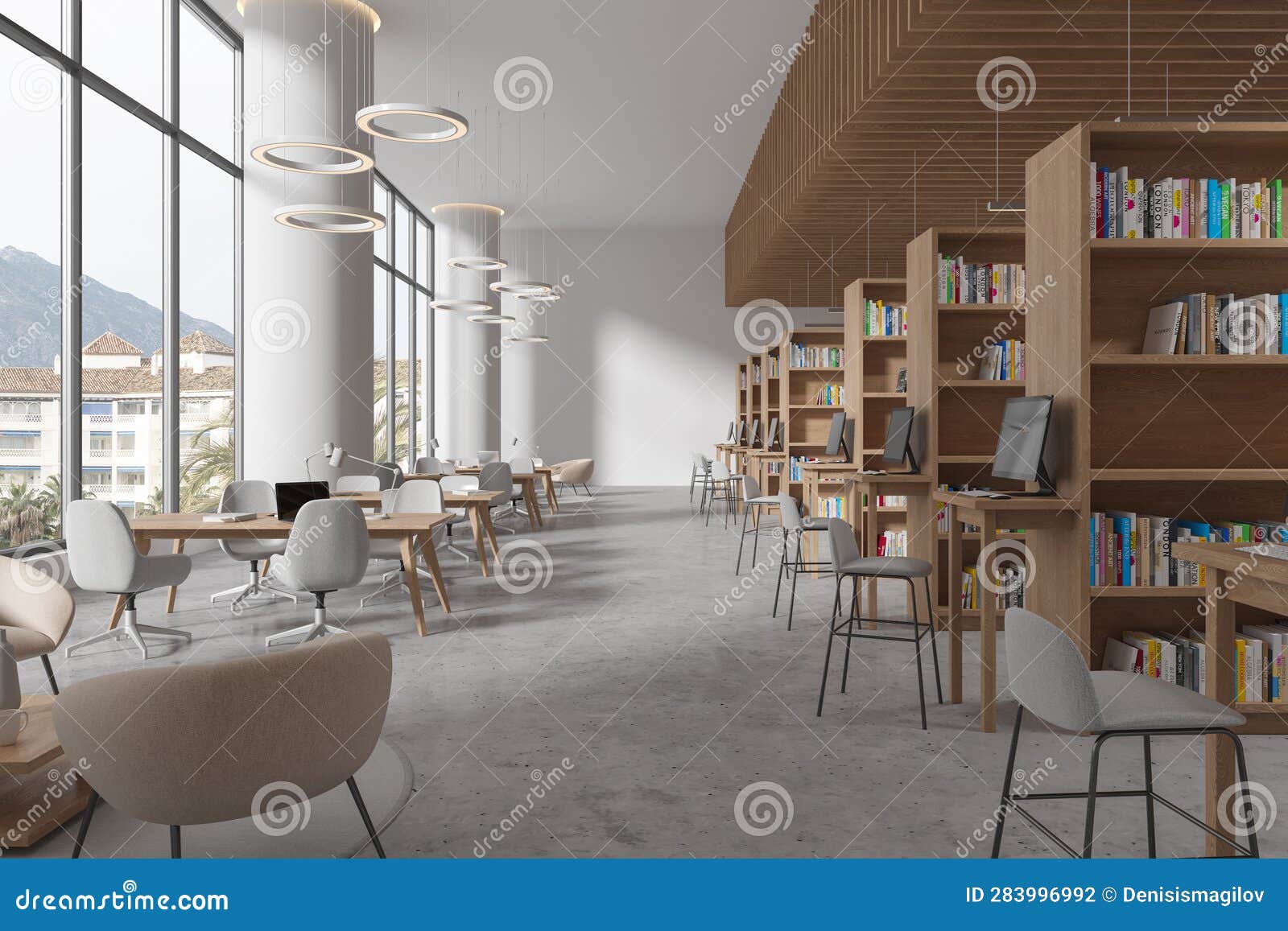 Stylish Library Interior With Work Tables In Row And Bookshelf ...