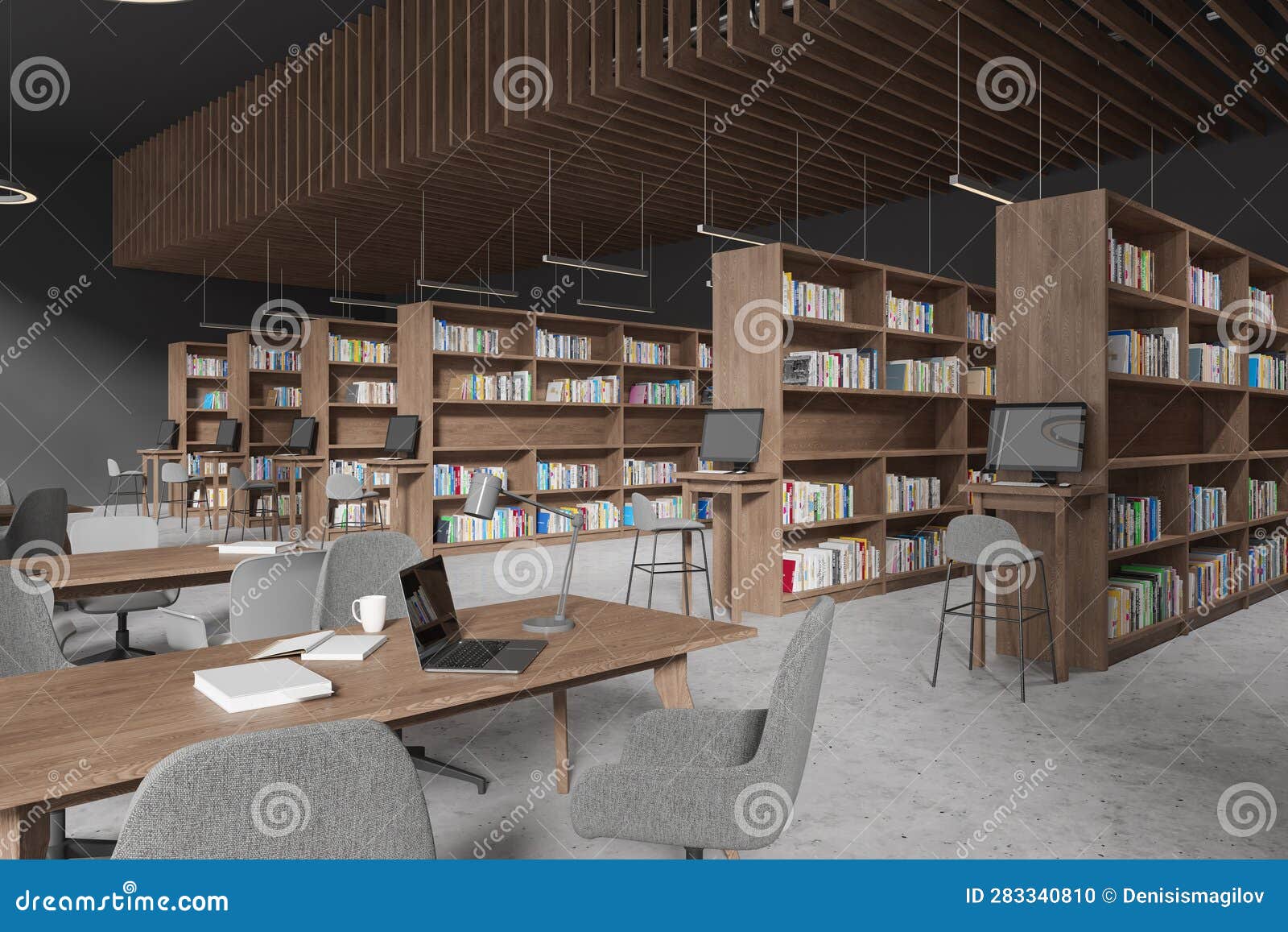 Stylish Library Interior with Table and Chairs in Row, Pc Computer and ...