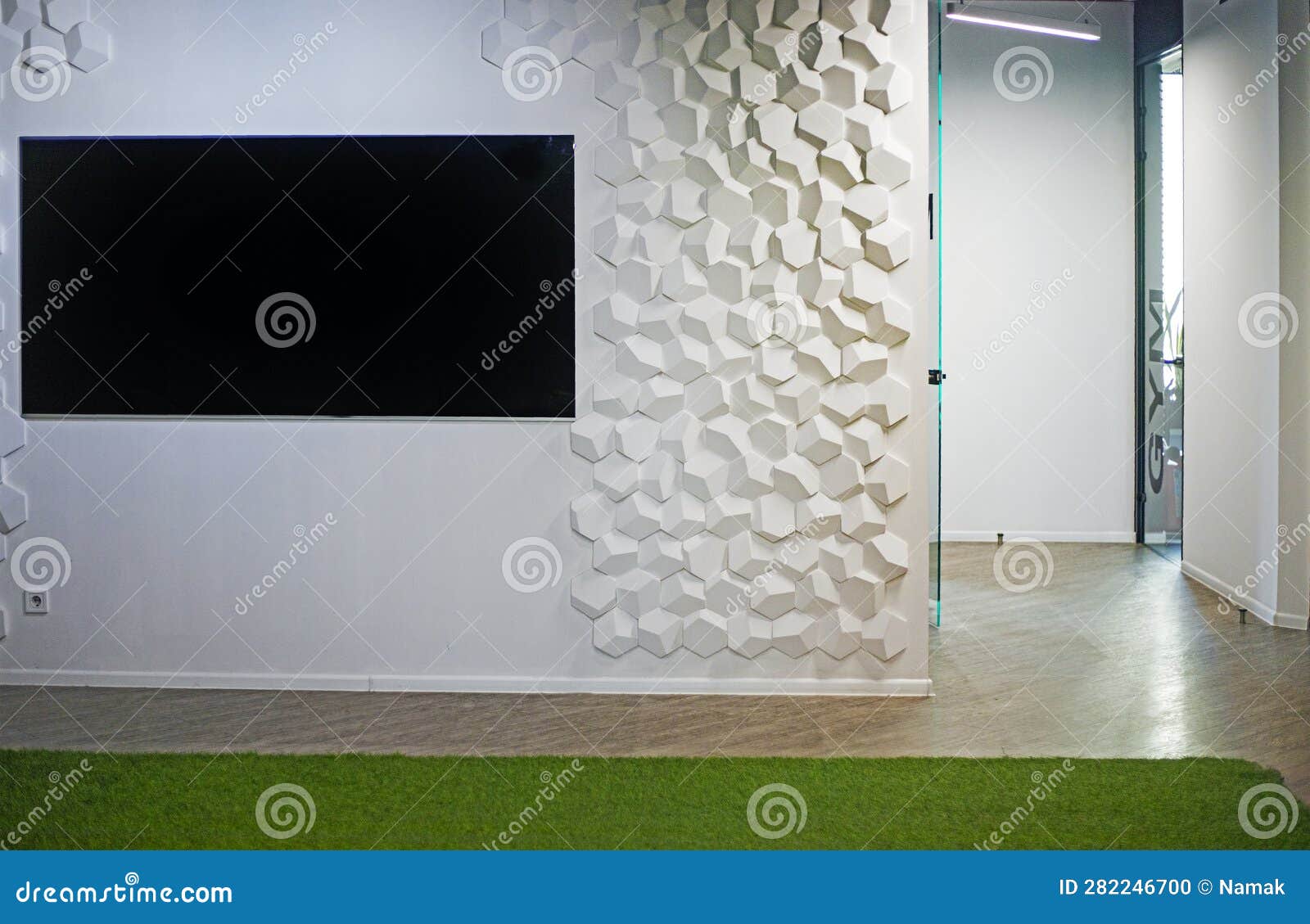 Stylish Light Office Interior with Black Screen on the Wall. Stock ...