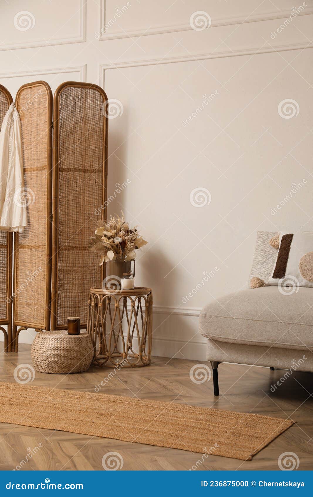 Stylish Living Room with Folding Screen and Sofa. Interior Design Stock ...