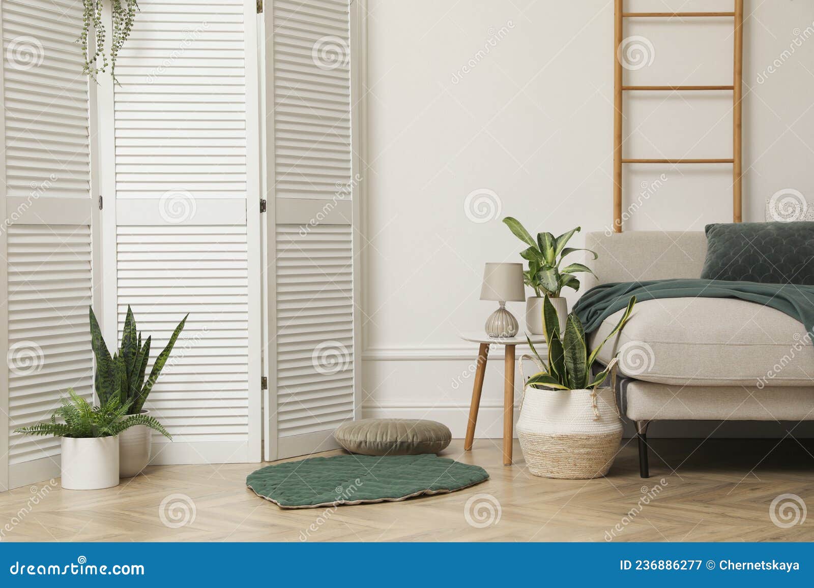 Stylish Living Room with Folding Screen and Sofa. Interior Design Stock ...