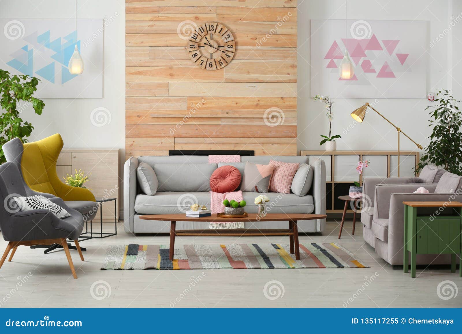 Stylish Living Room Interior with Comfortable Couch Stock Image - Image ...