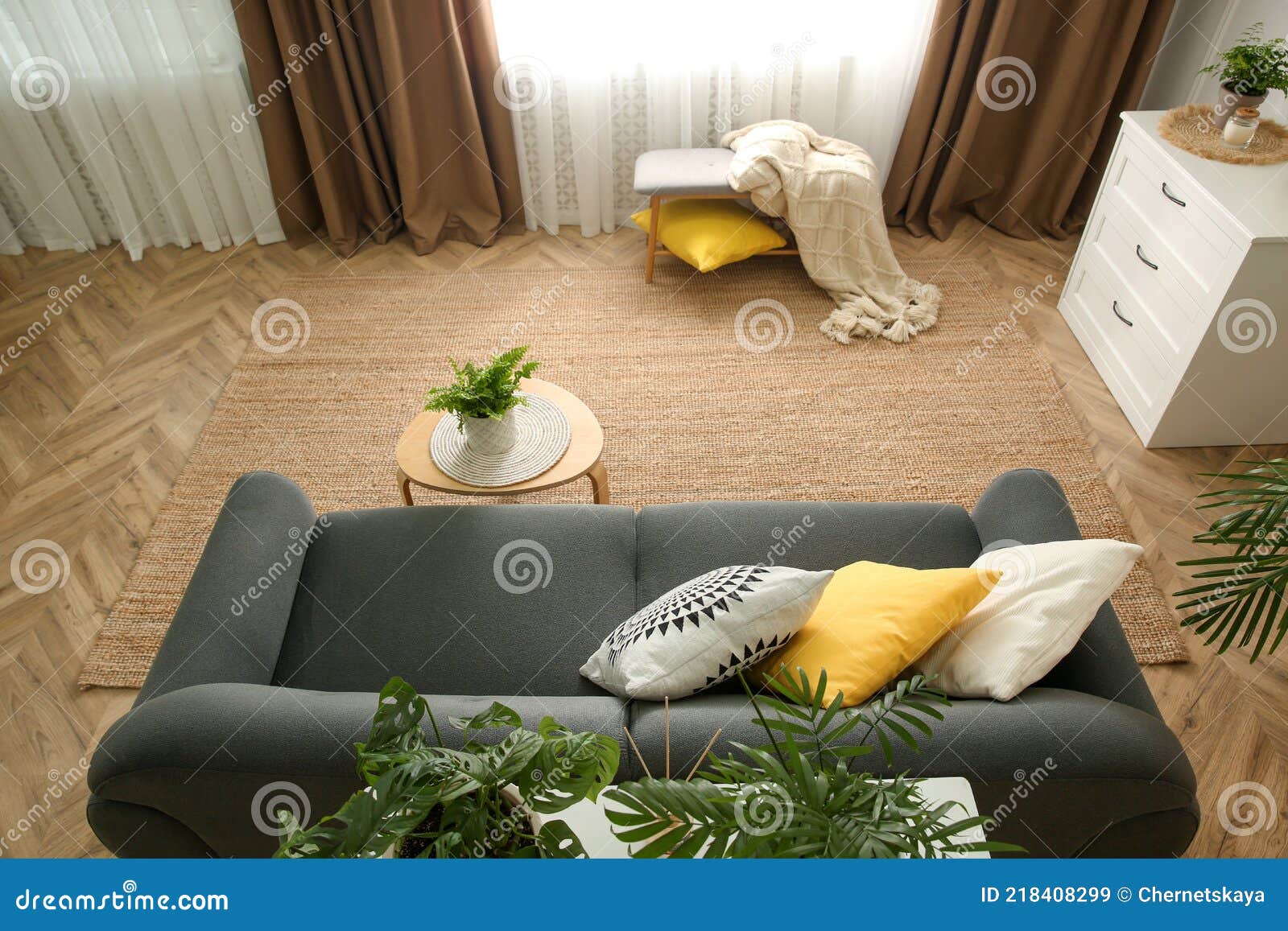 Stylish Living Room Interior with Comfortable Sofa, Above View Stock ...