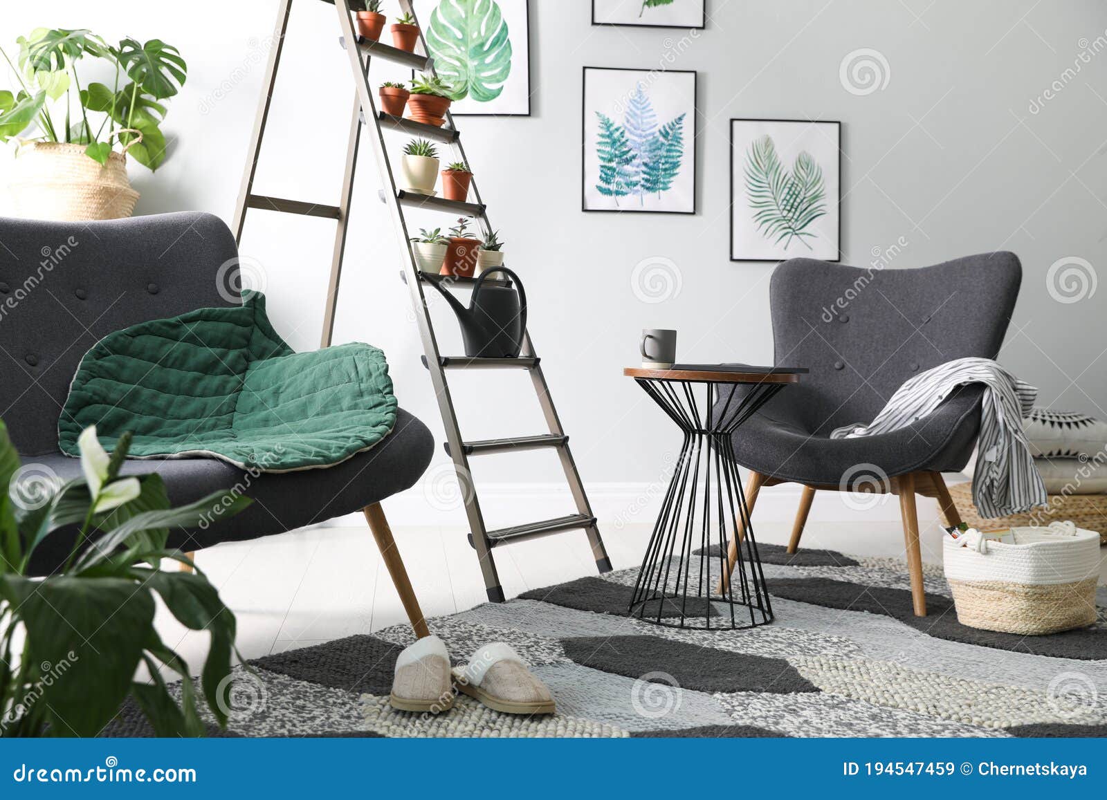 Stylish Living Room with Decorative Ladder Stock Image - Image of ...