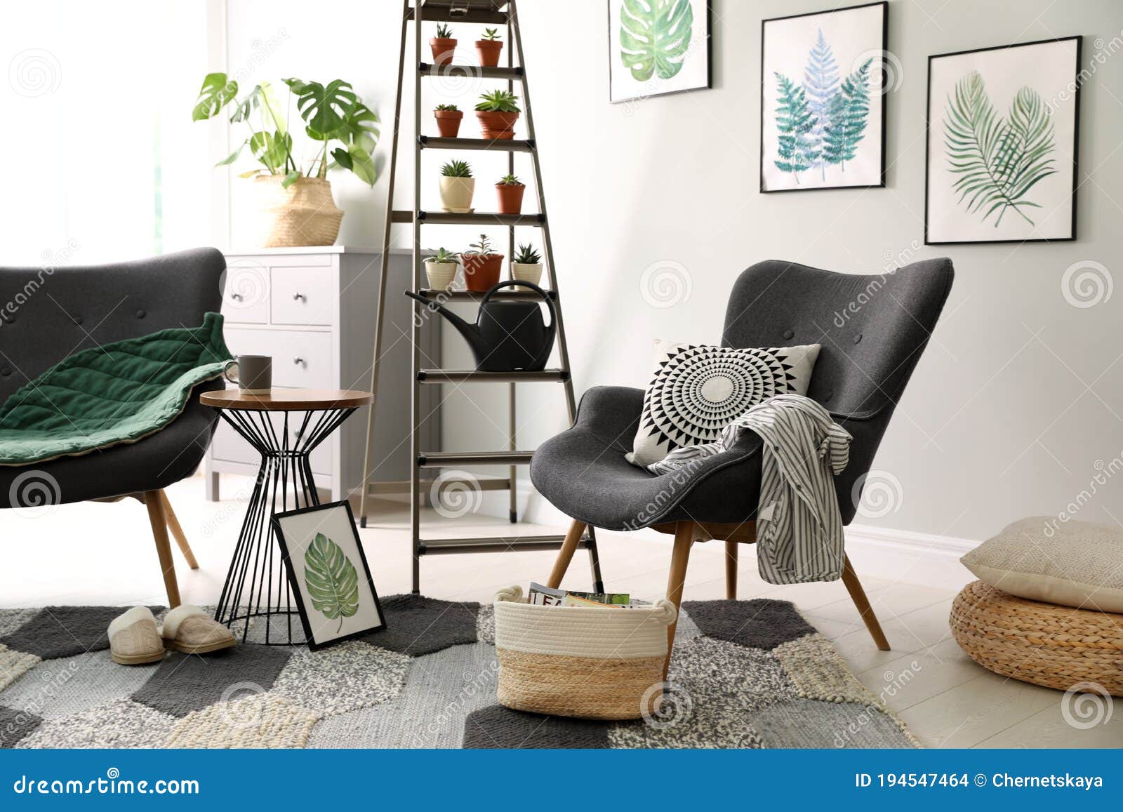 Living Room Interior with Decorative Ladder Stock Photo - Image of home ...