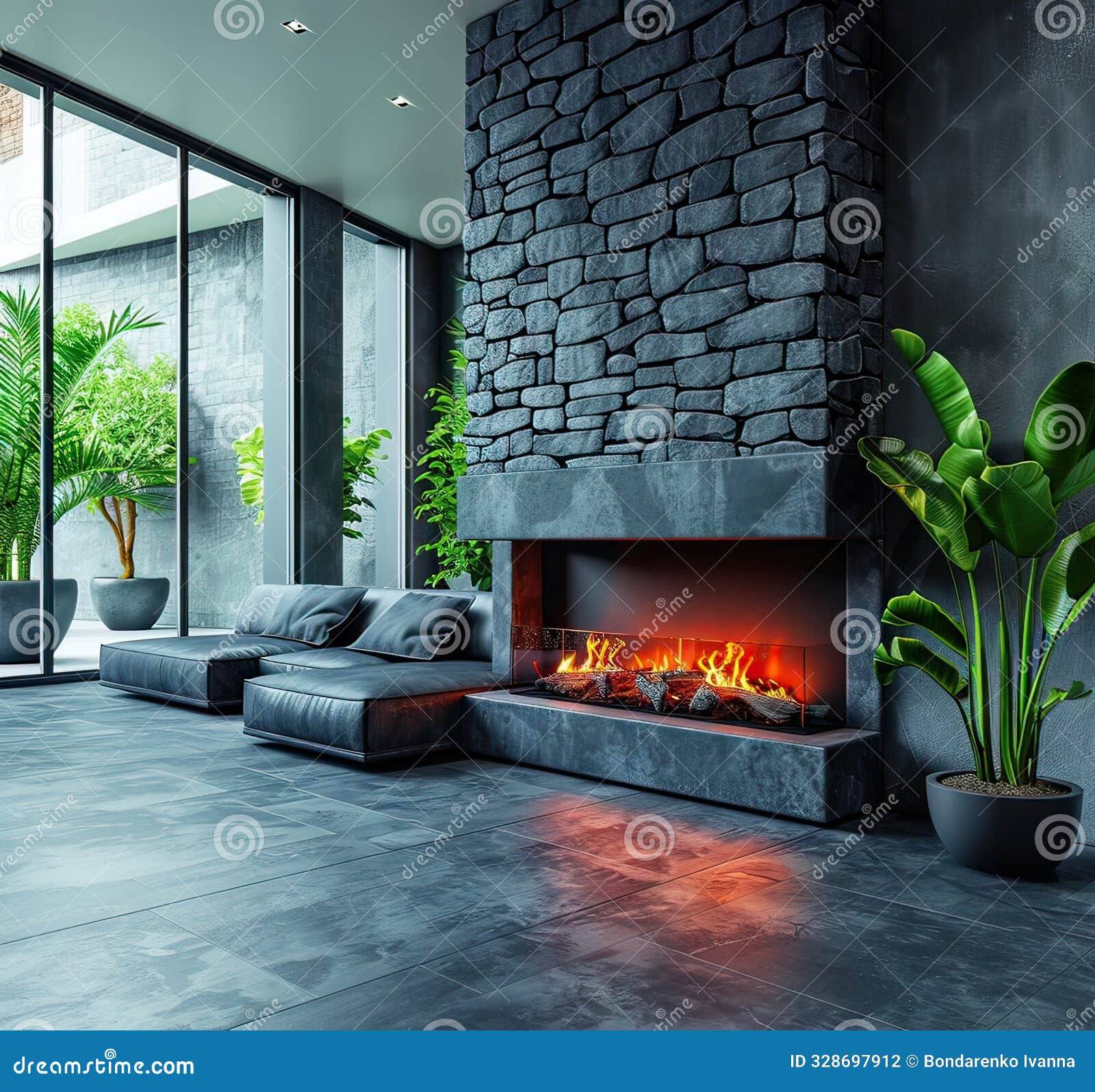 Stylish Living Room with Stone Fireplace and Panoramic Windows Stock ...
