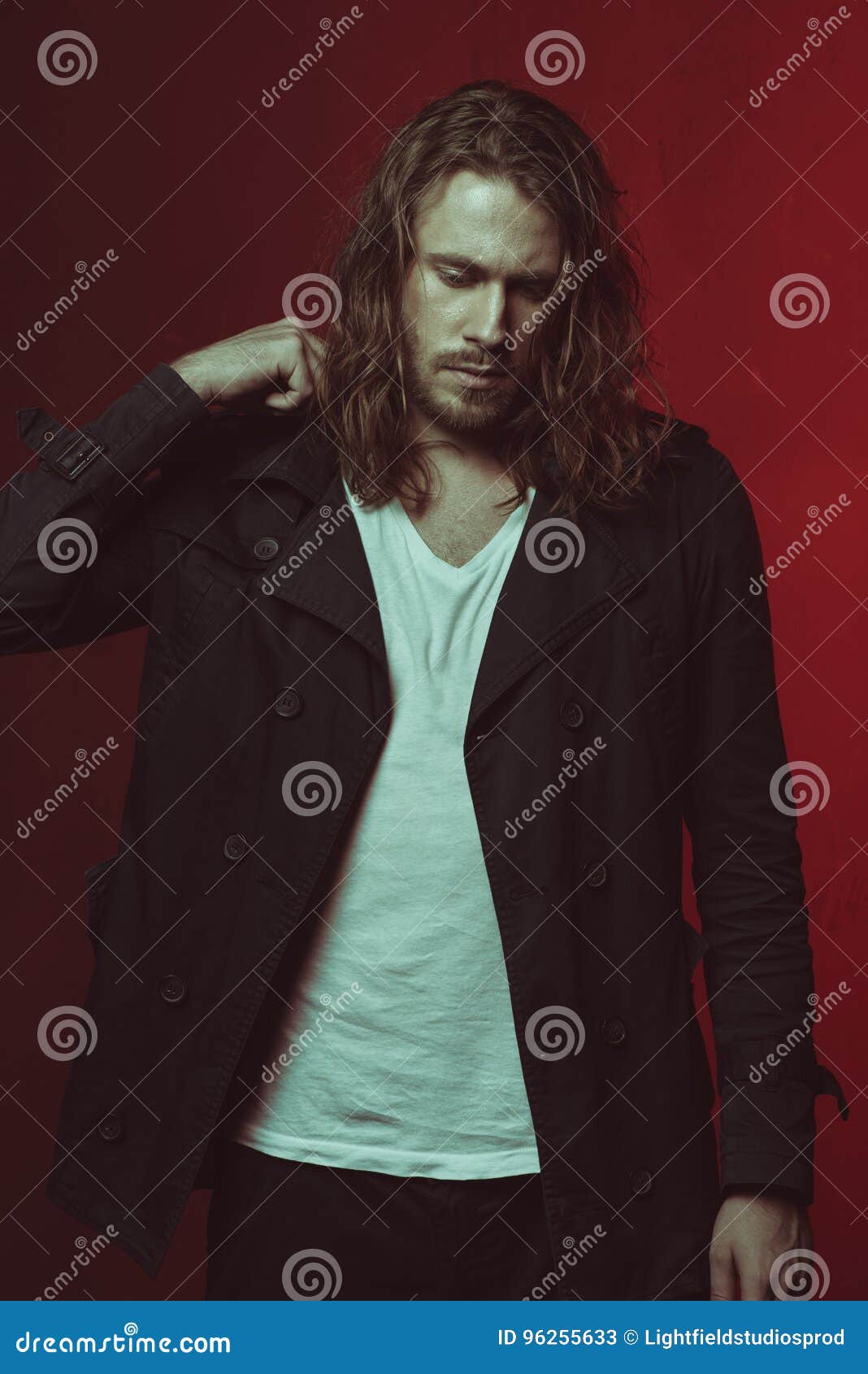 Stylish Long Haired Man Posing in Studio Stock Image - Image of ...