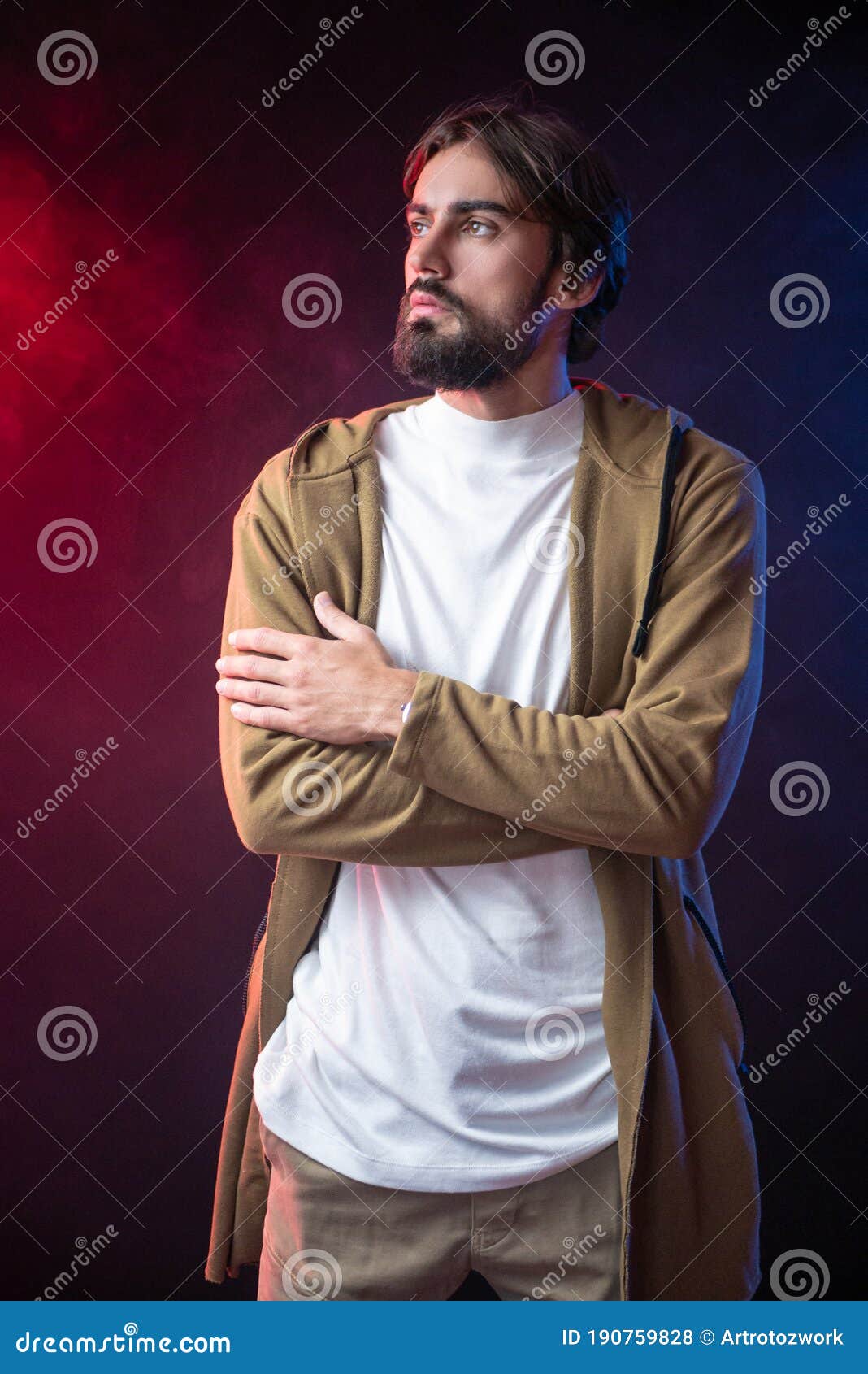 Stylish Man with a Beard in a Neon Styl in the Hoodie Stock Photo ...