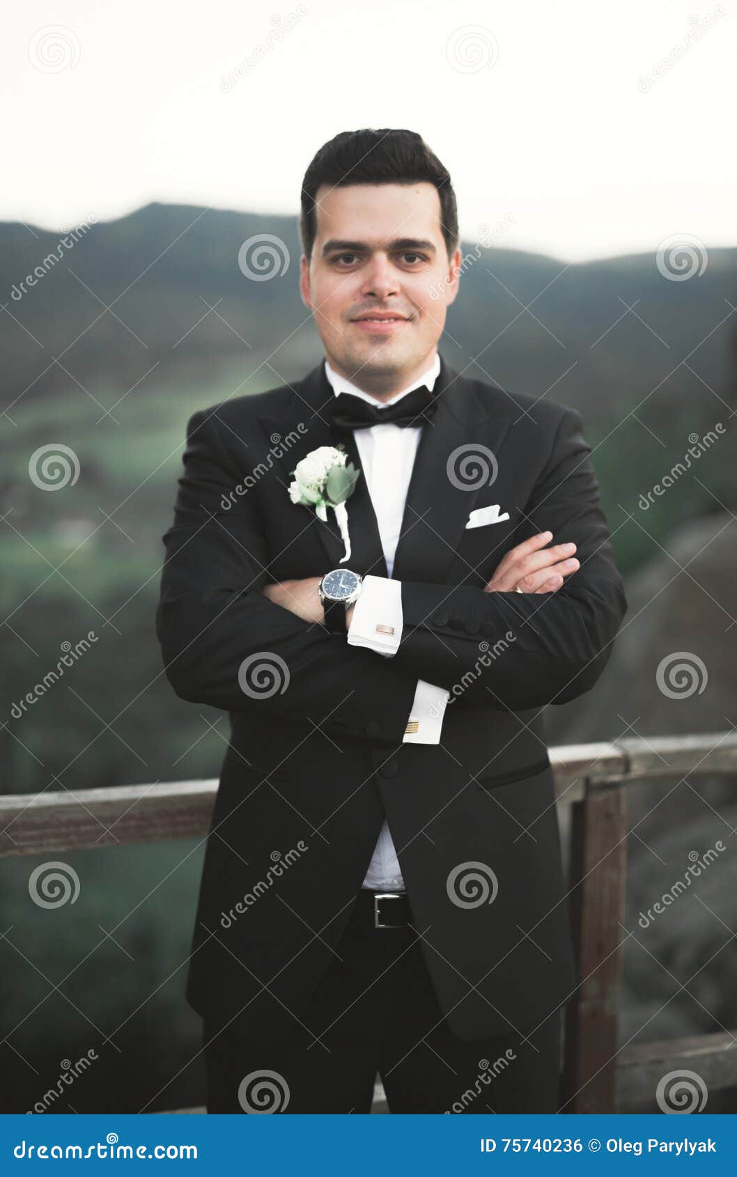 Stylish Man, Groom Posing on the Background of Mountains Stock Photo ...