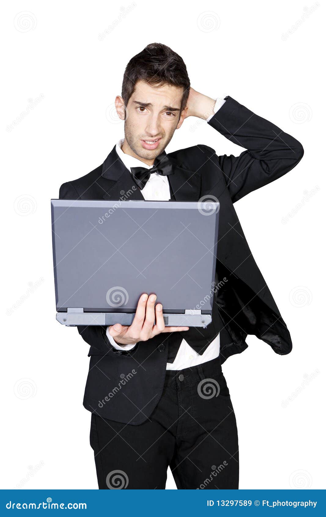 Stylish Man Looking Confused and Holding Laptop Stock Image - Image of ...