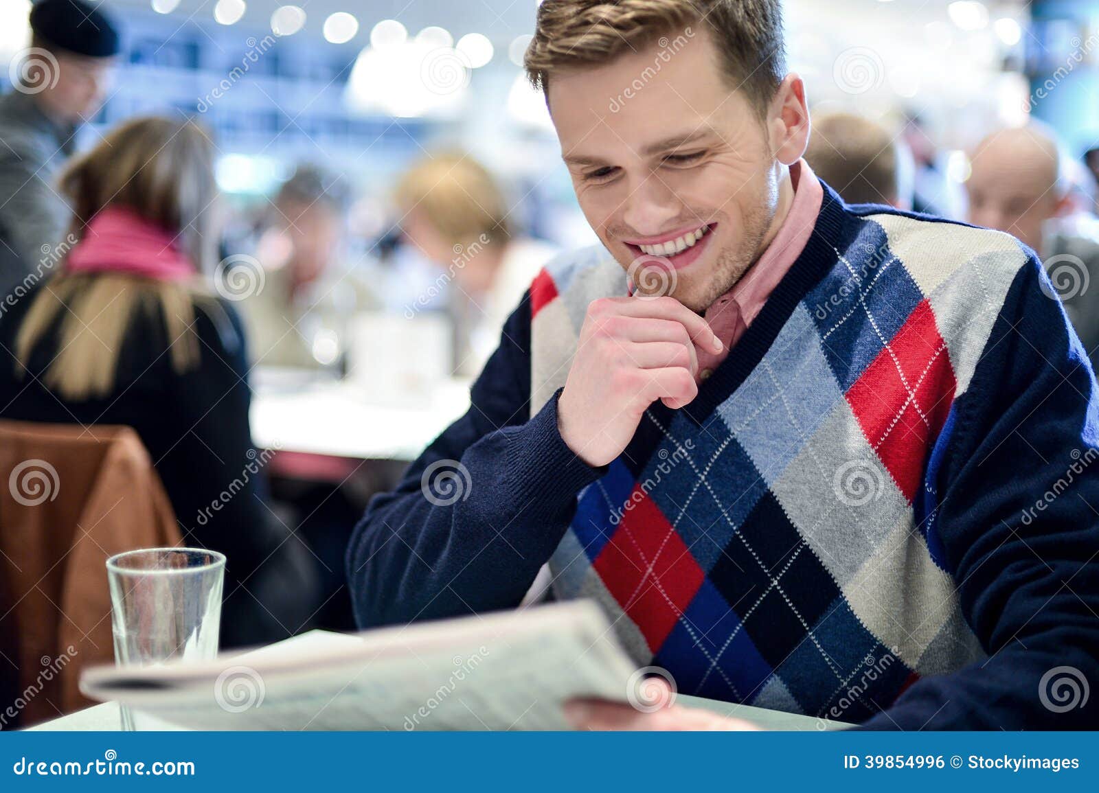 Stylish Man Reading Newspaper at Cafe Stock Photo - Image of hotel ...