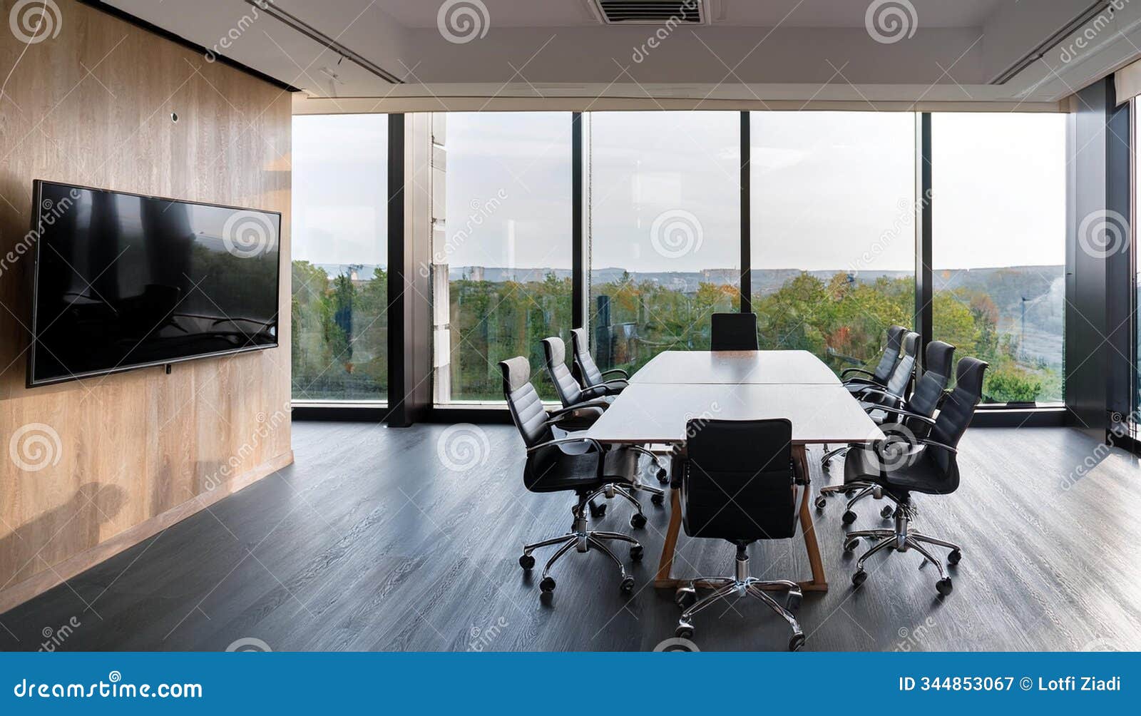 Stylish Meeting Interior with Table and Chairs, Tv Screen and Panoramic ...