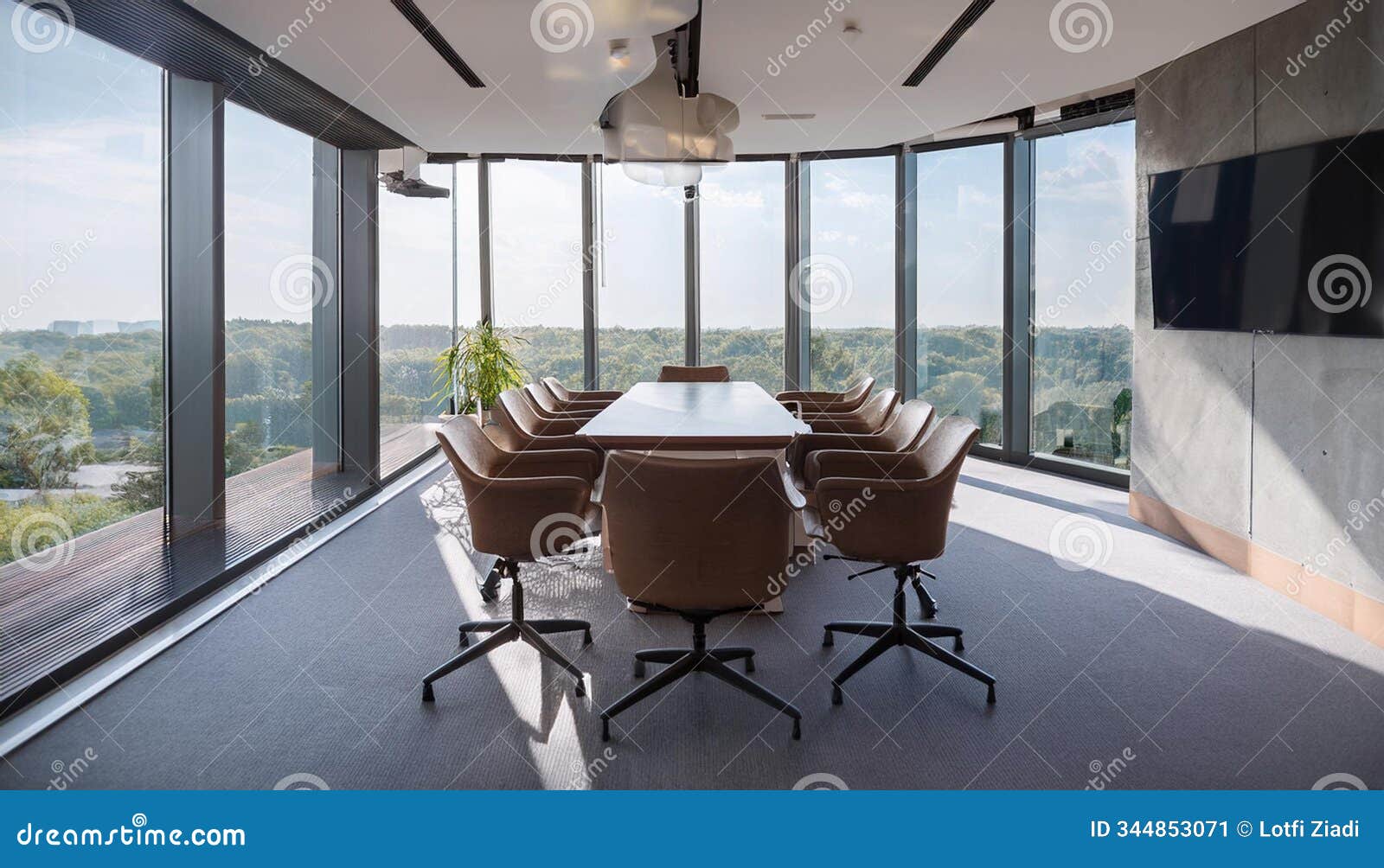 Stylish Meeting Interior with Table and Chairs, Tv Screen and Panoramic ...