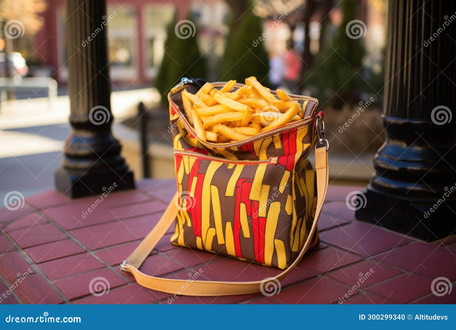 A Stylish Messenger Bag with a Portion of Fries Protruding Stock Photo ...
