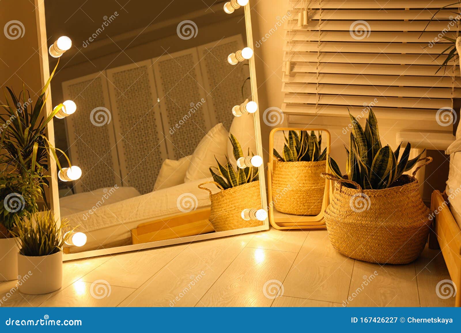 Stylish Mirror with Light Bulbs in Room. Interior Design Stock Image ...