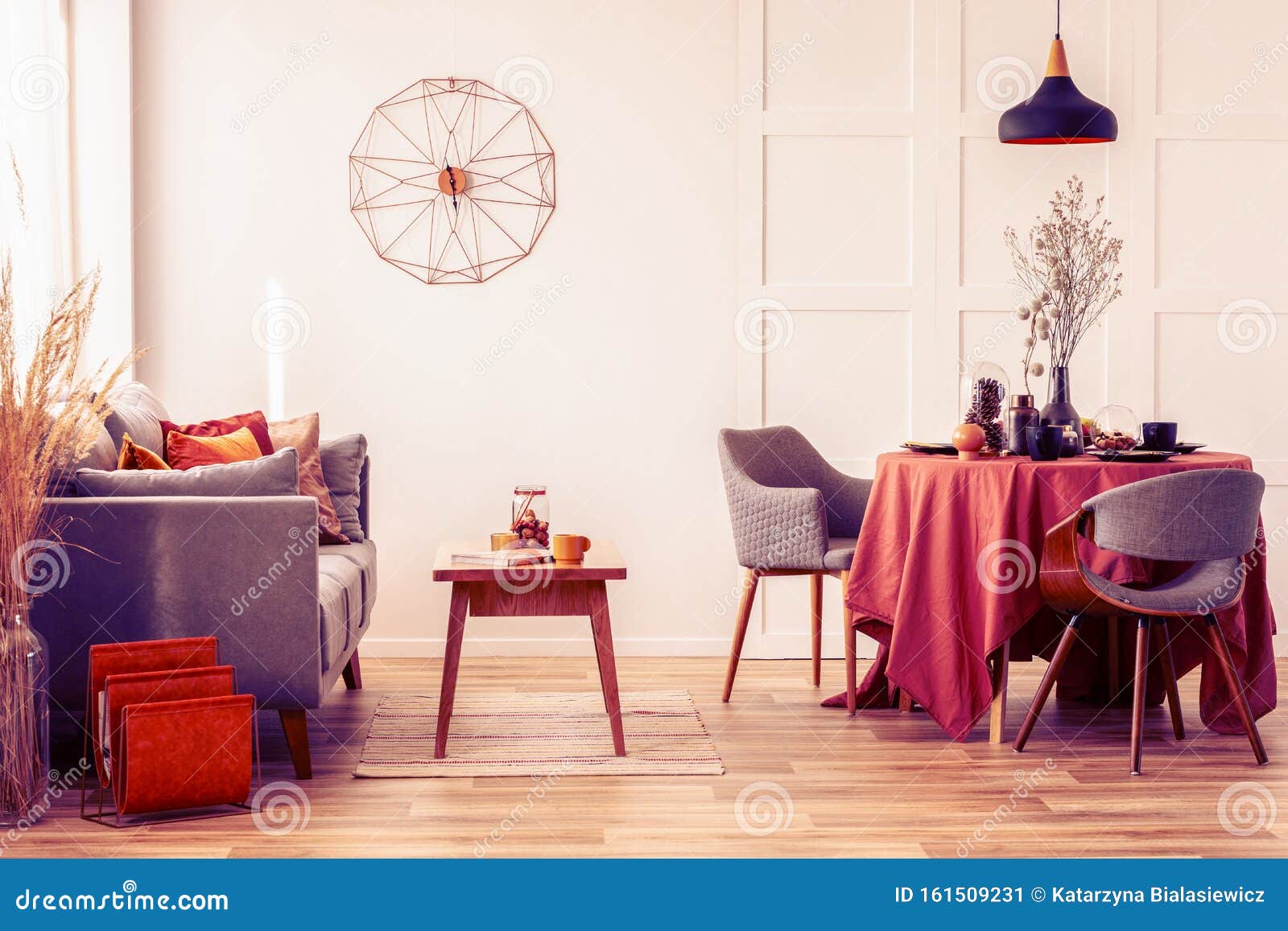 Stylish Modern Clock on White Wall of Trendy Living Room Interior Stock ...