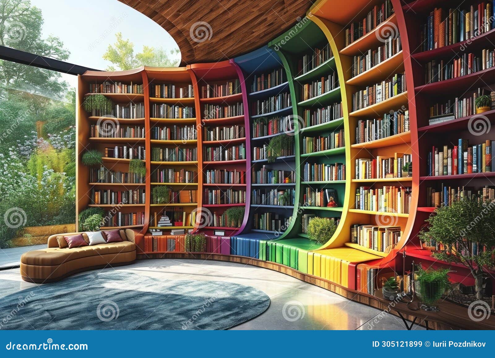 Stylish Modern Home Library with Large Windows Stock Illustration ...