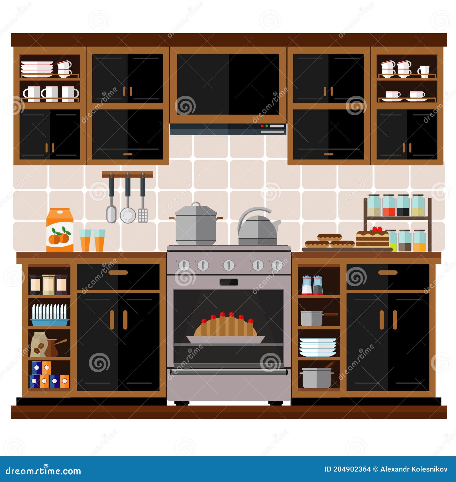 Stylish and Modern Kitchen in Dark and Black Tones. Vector Illustration ...