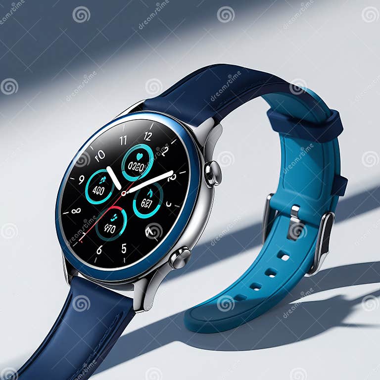 Stylish Modern Smartwatch with Rounded Display and Blue Strap Stock ...
