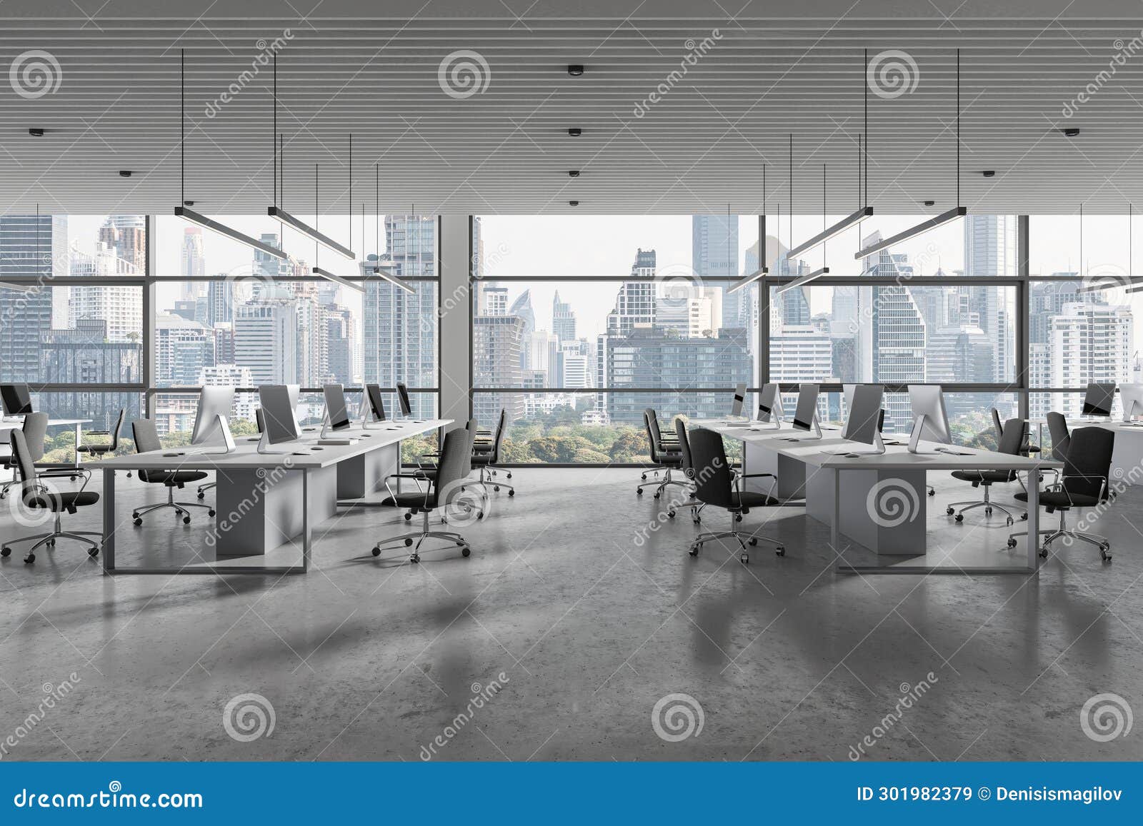 Stylish Office Interior with Chairs, Pc Computers and Table in Row Near ...