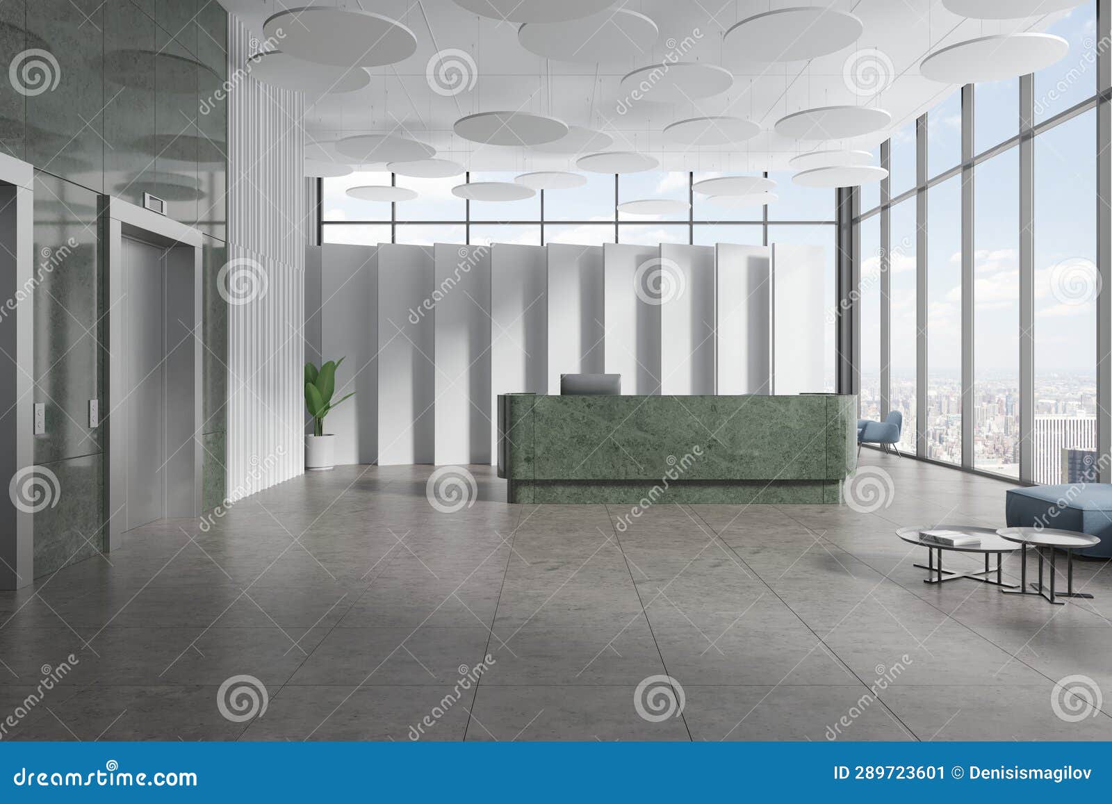 Stylish Office Interior Lobby with Reception Desk and Lift, Panoramic ...