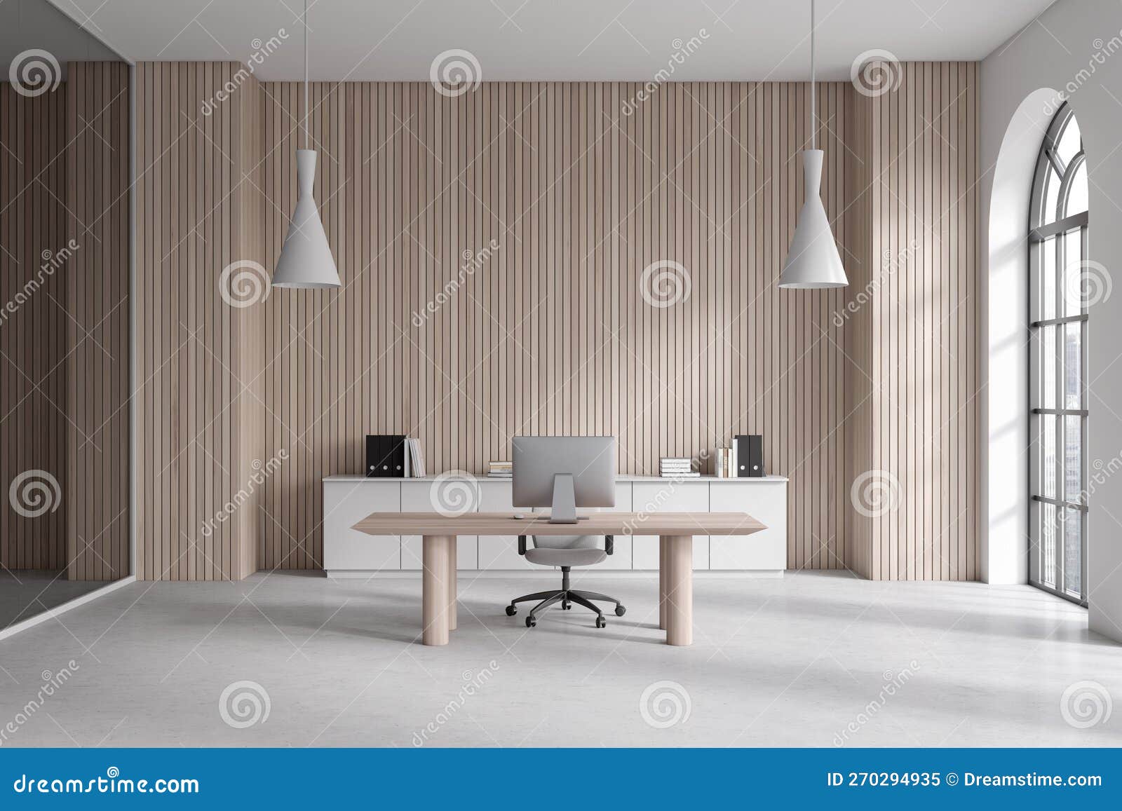 Stylish Office Interior with Workdesk and Pc Computer, Panoramic Window ...