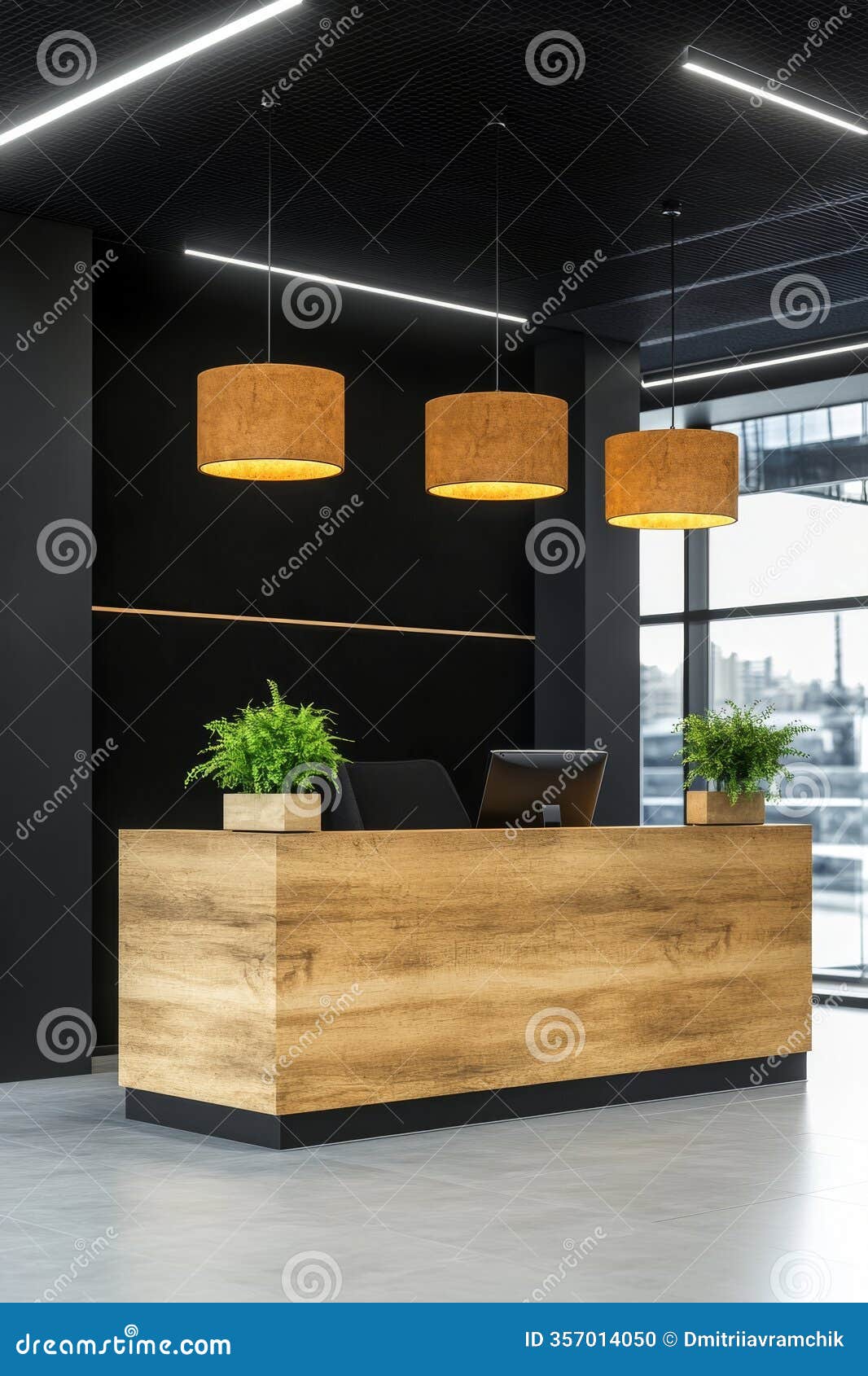 Stylish Office Reception Desk with Plant Accents and Lighting Stock ...