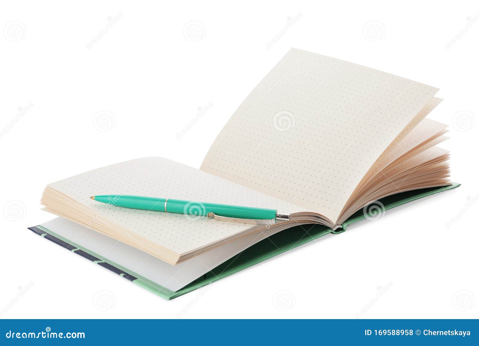 Stylish Open Notebook and Pen Isolated on White Stock Photo - Image of ...