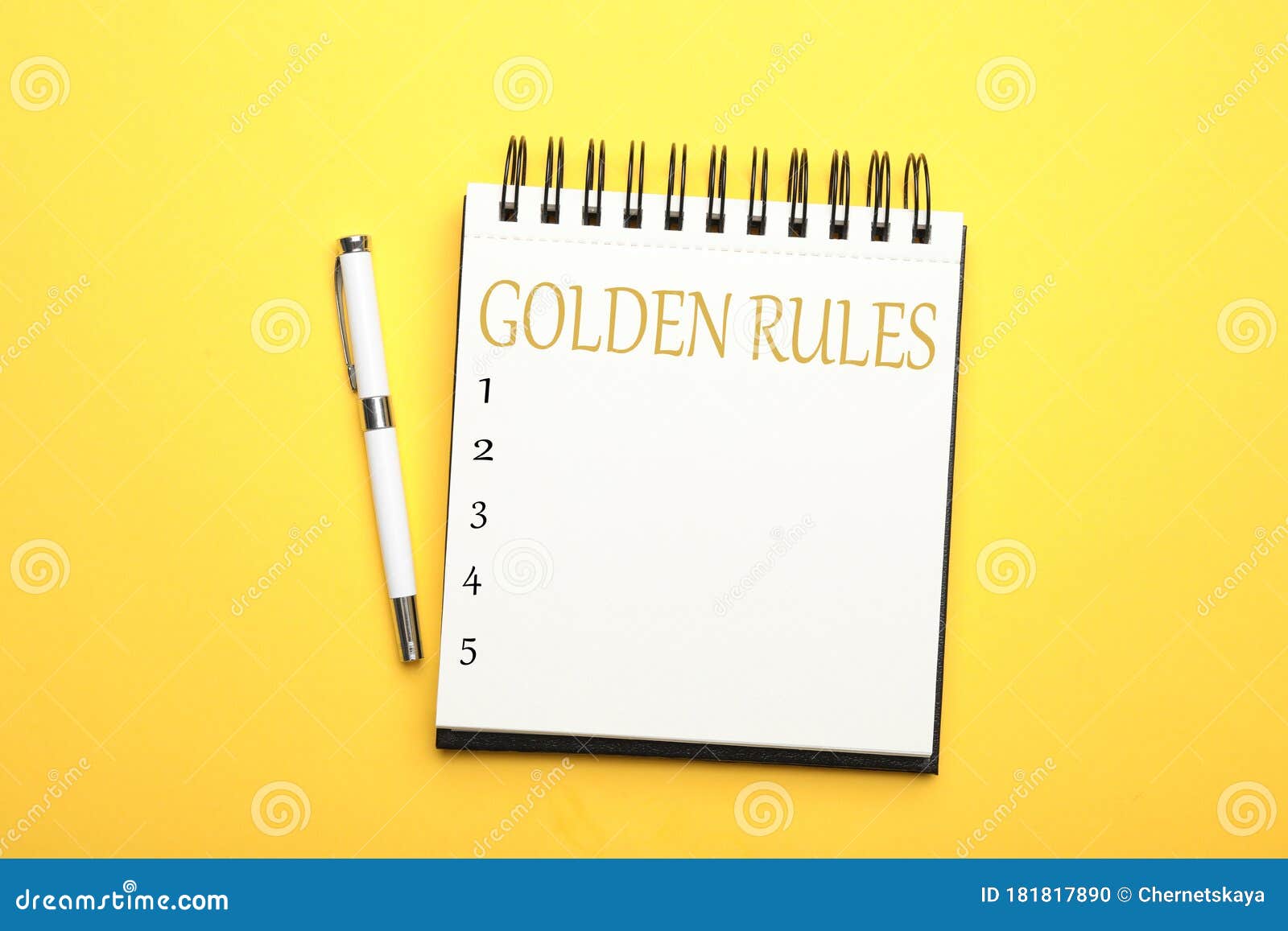 Stylish Open Notebook with Phrase GOLDEN RULES and Pen on Background ...