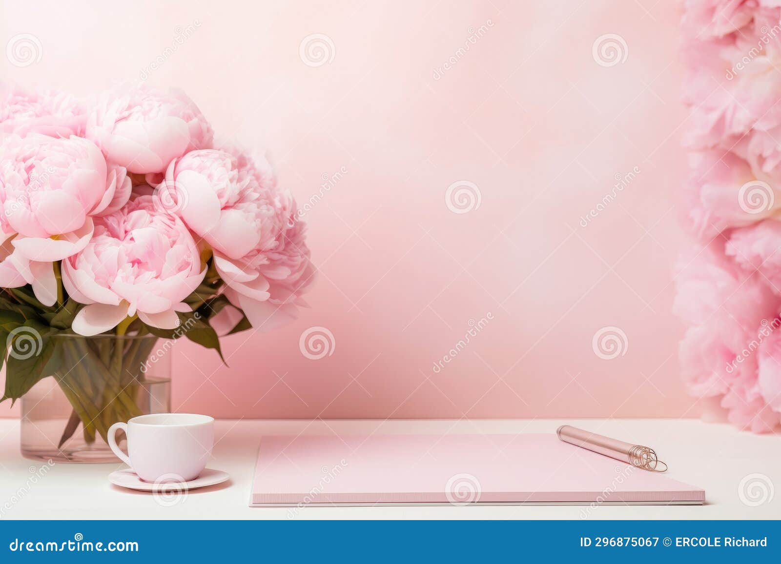 Fresh & Professional Business Desk: a Desk with Peonies, Notepad & More ...