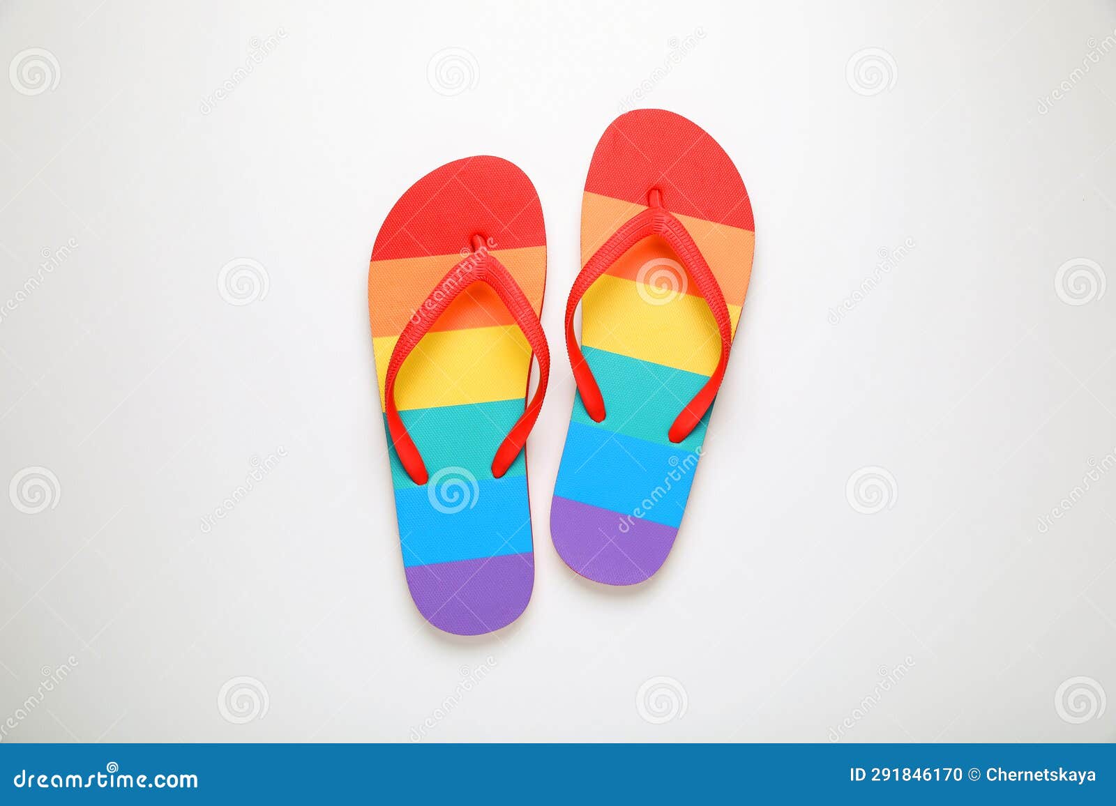 Stylish Rainbow Flip Flops on White Background, Top View Stock Photo ...