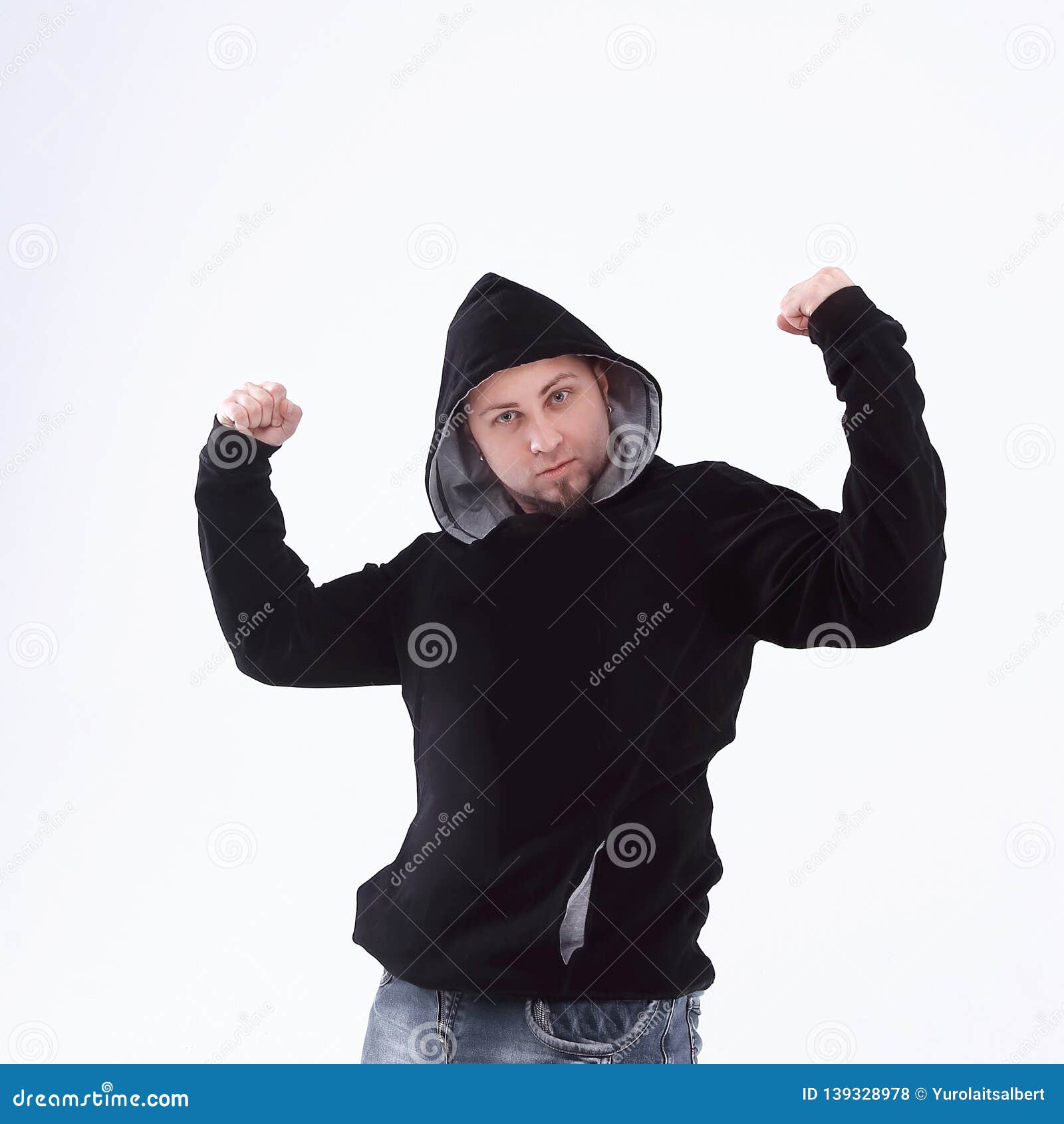 Stylish Rapper Guy Showing Biceps . Isolated on White Stock Photo ...