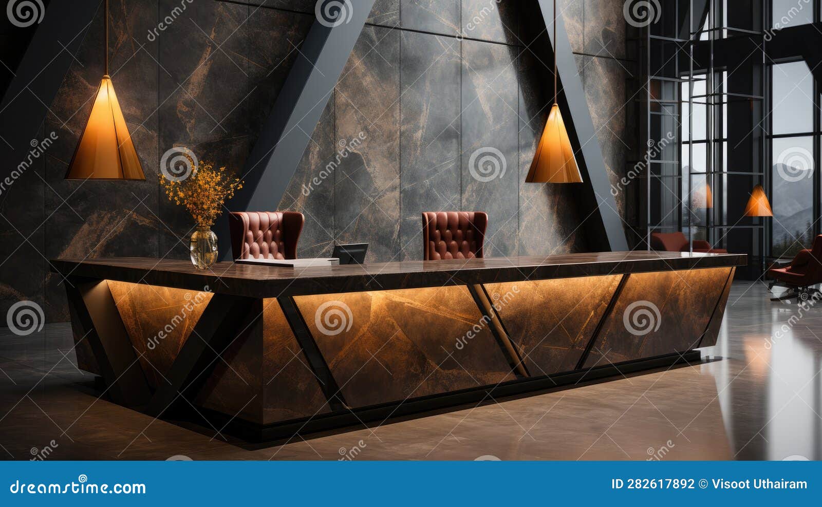 A Stylish Reception Desk At A Trendy Coffee Shop With Wooden Counters ...