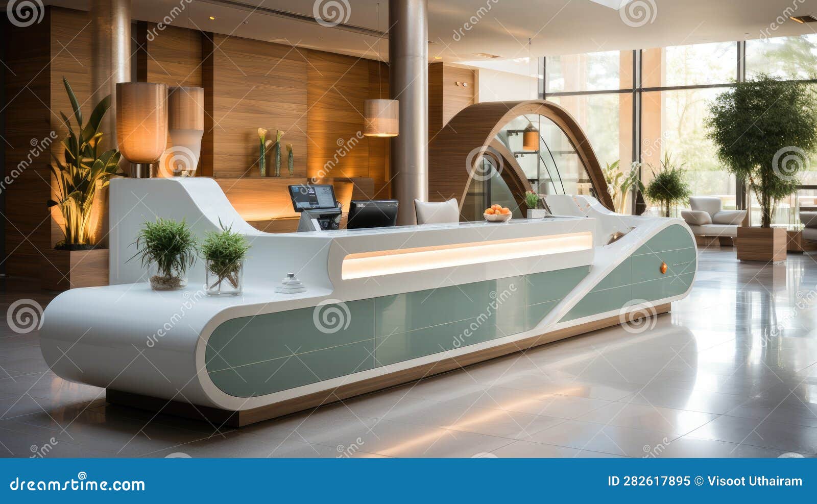 Stylish Reception Desk with Modern Hotel Lobby Stock Illustration ...