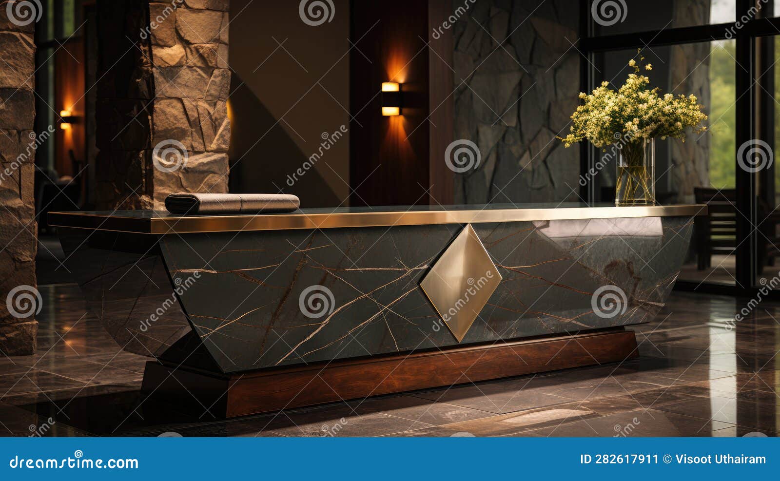 A Stylish Reception Desk At A Trendy Coffee Shop With Wooden Counters ...