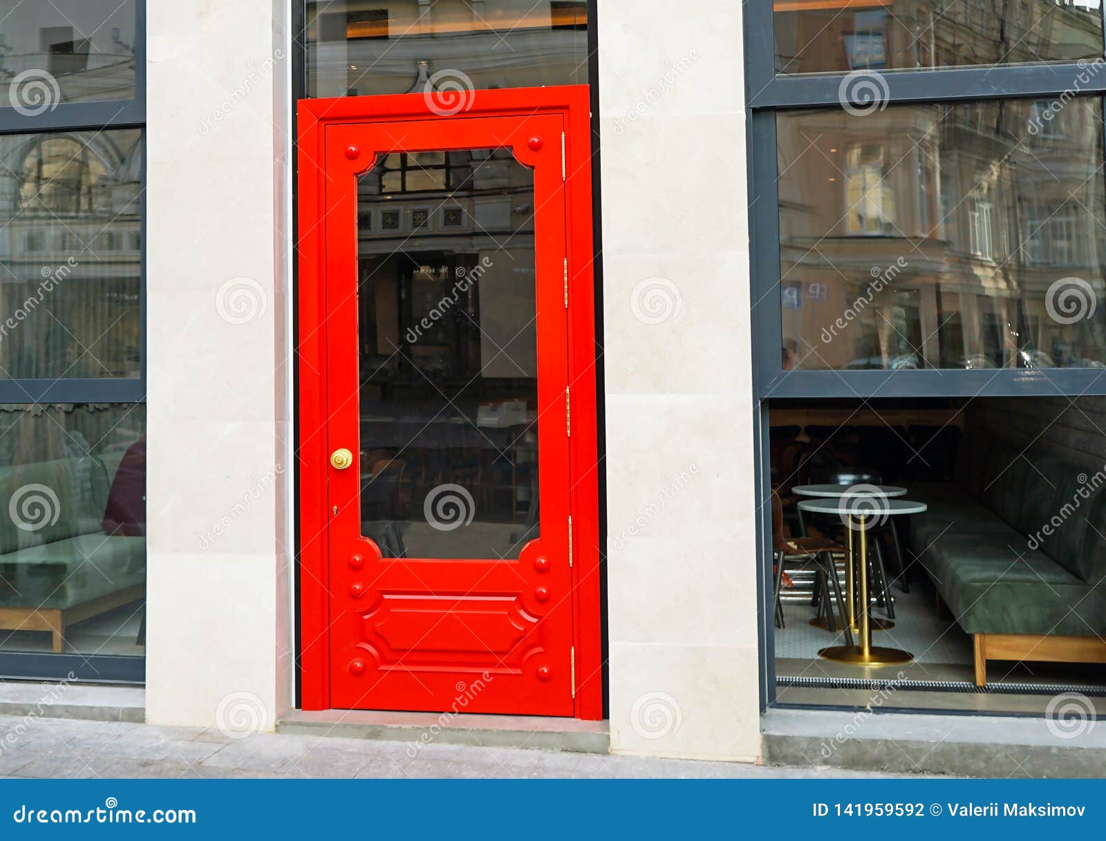 Stylish Red Door in the City Cafe Stock Photo - Image of keyhole ...